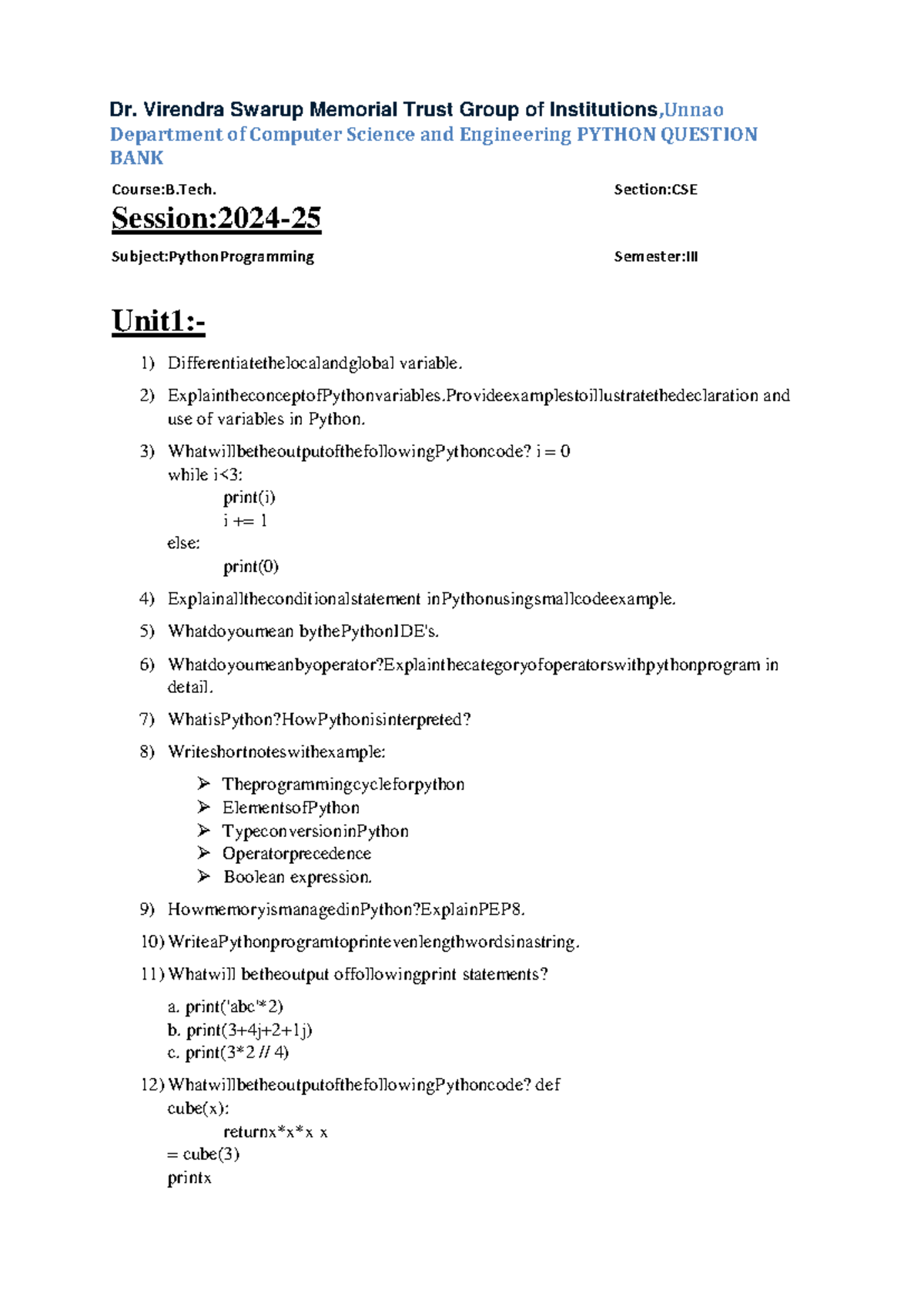 Python Programming Question Bank - Dr. Virendra Swarup Memorial Trust ...