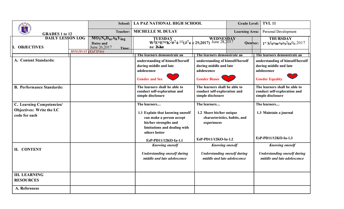 TVL 11 Personal Development Daily Lesson Log - Week 4 to 7 - Studocu