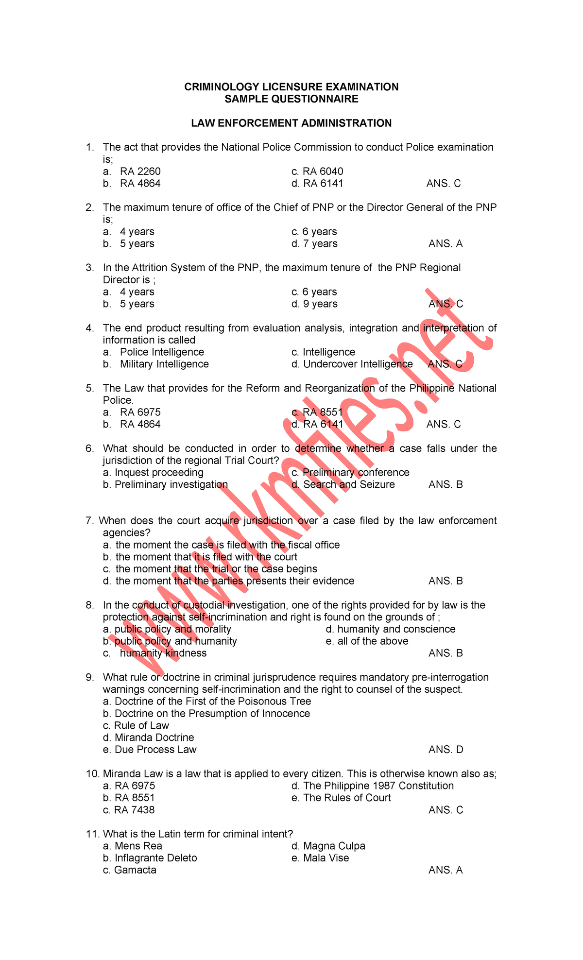 CRIM 101: Sample Questionnaire for Law Enforcement Administration Exam ...