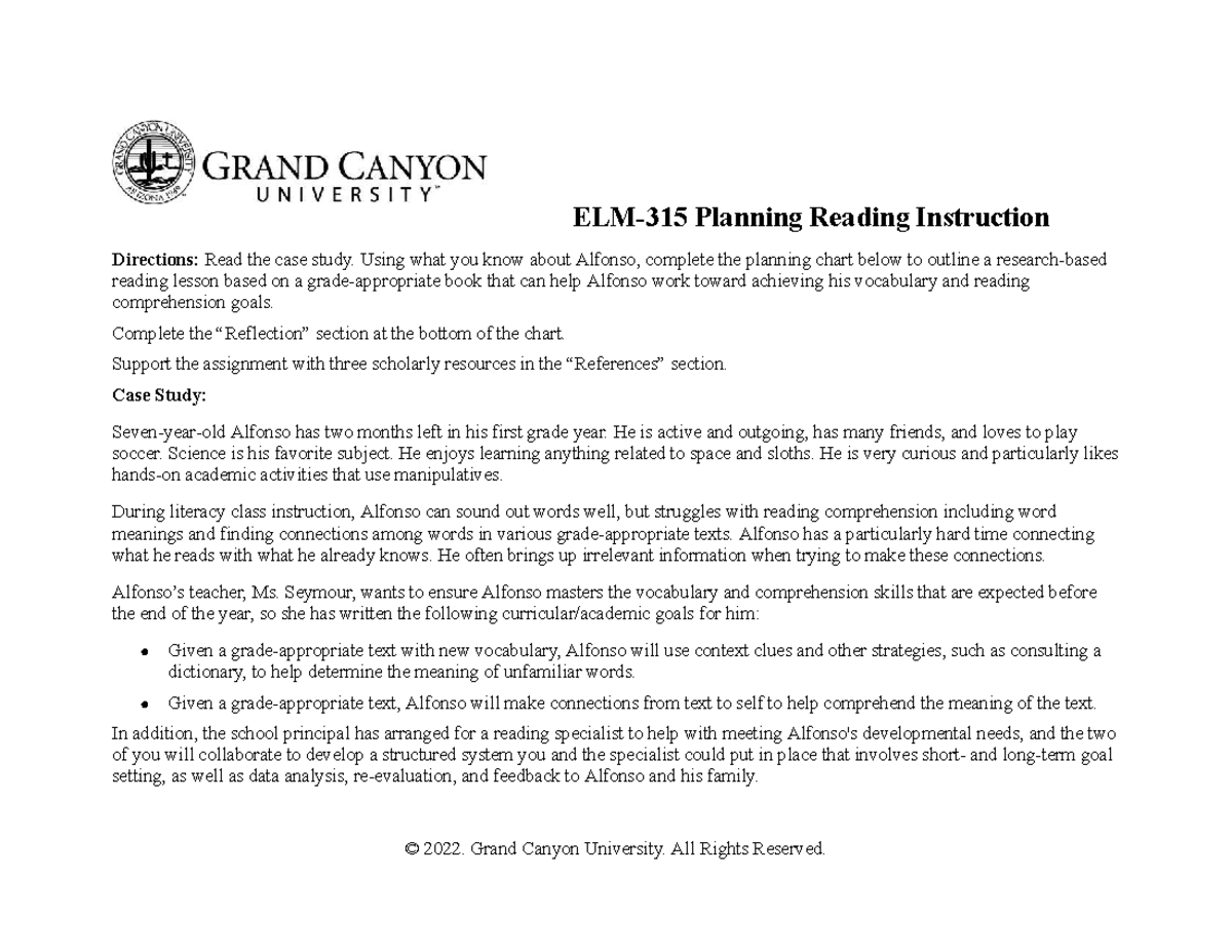 ELM-315 Case Study: Planning Reading Instruction for Alfonso - Studocu