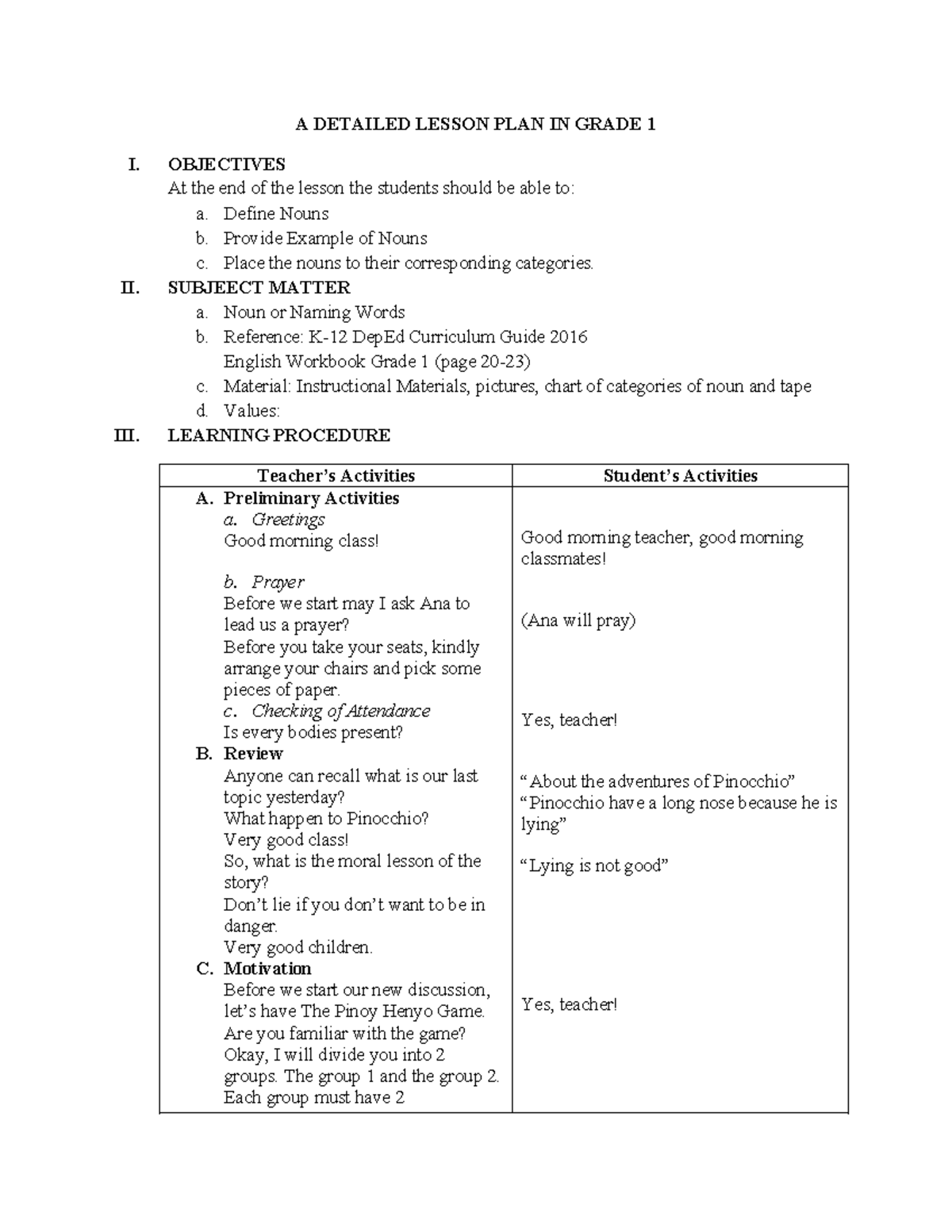 A Detailed Lesson Plan on Nouns for Grade 1 Students - Studocu