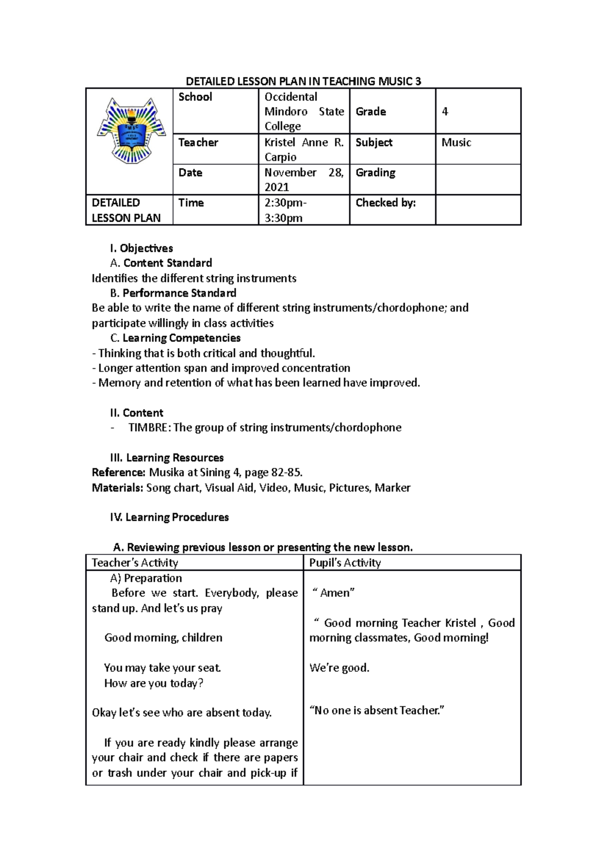 Lesson plan in Music 3 - DETAILED LESSON PLAN IN TEACHING MUSIC 3 ...