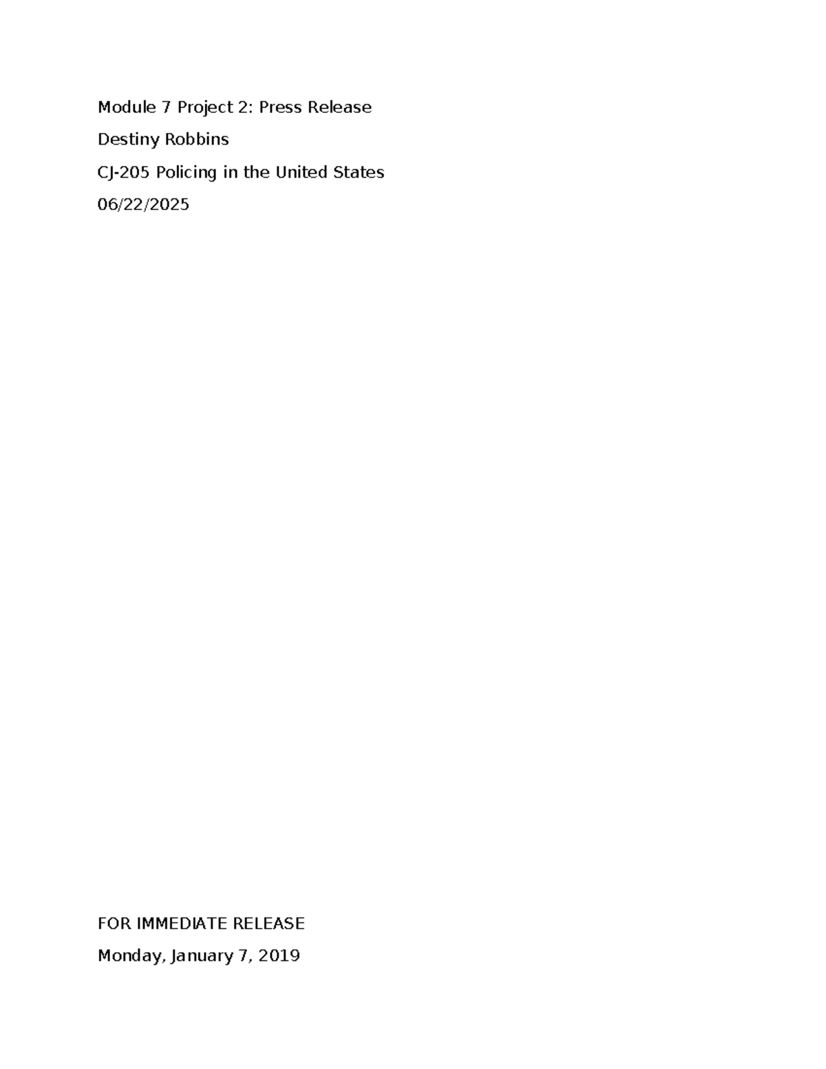 Module 7 Project 2: Press Release on Policing in the U.S. - Studocu