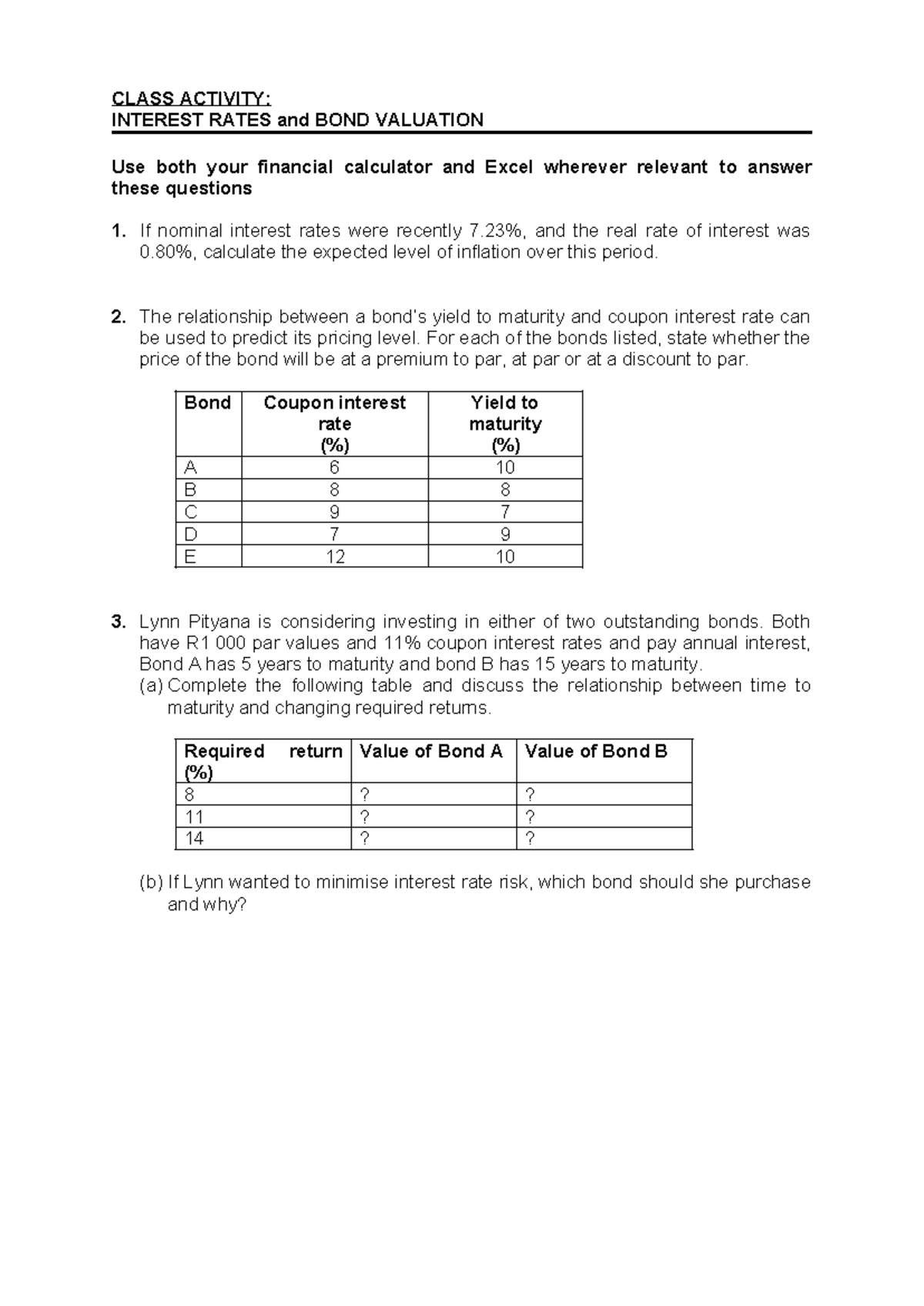 Class Activity: Interest Rates & Bond Valuation Analysis - Studocu