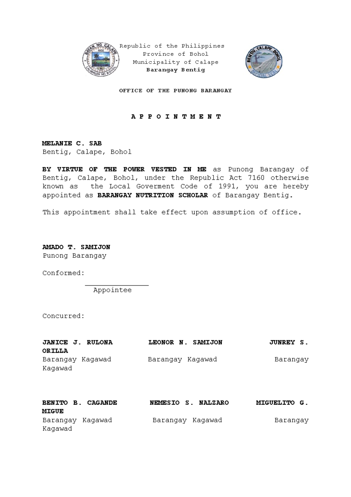 Appointment Form - Sample for Barangay Officials in Bohol - Studocu