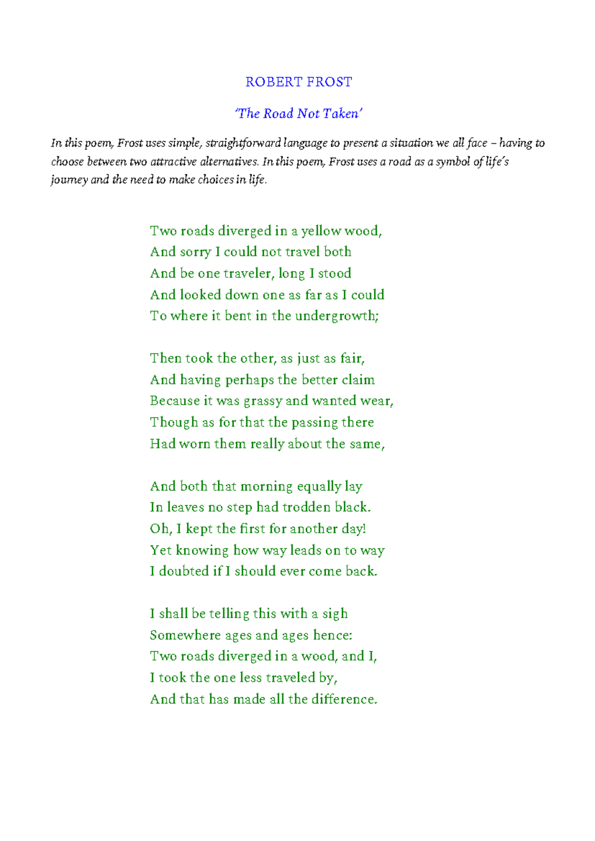 YEAR 10 Poetry UNIT 3: Analysis of Frost's "The Road Not Taken" - Studocu