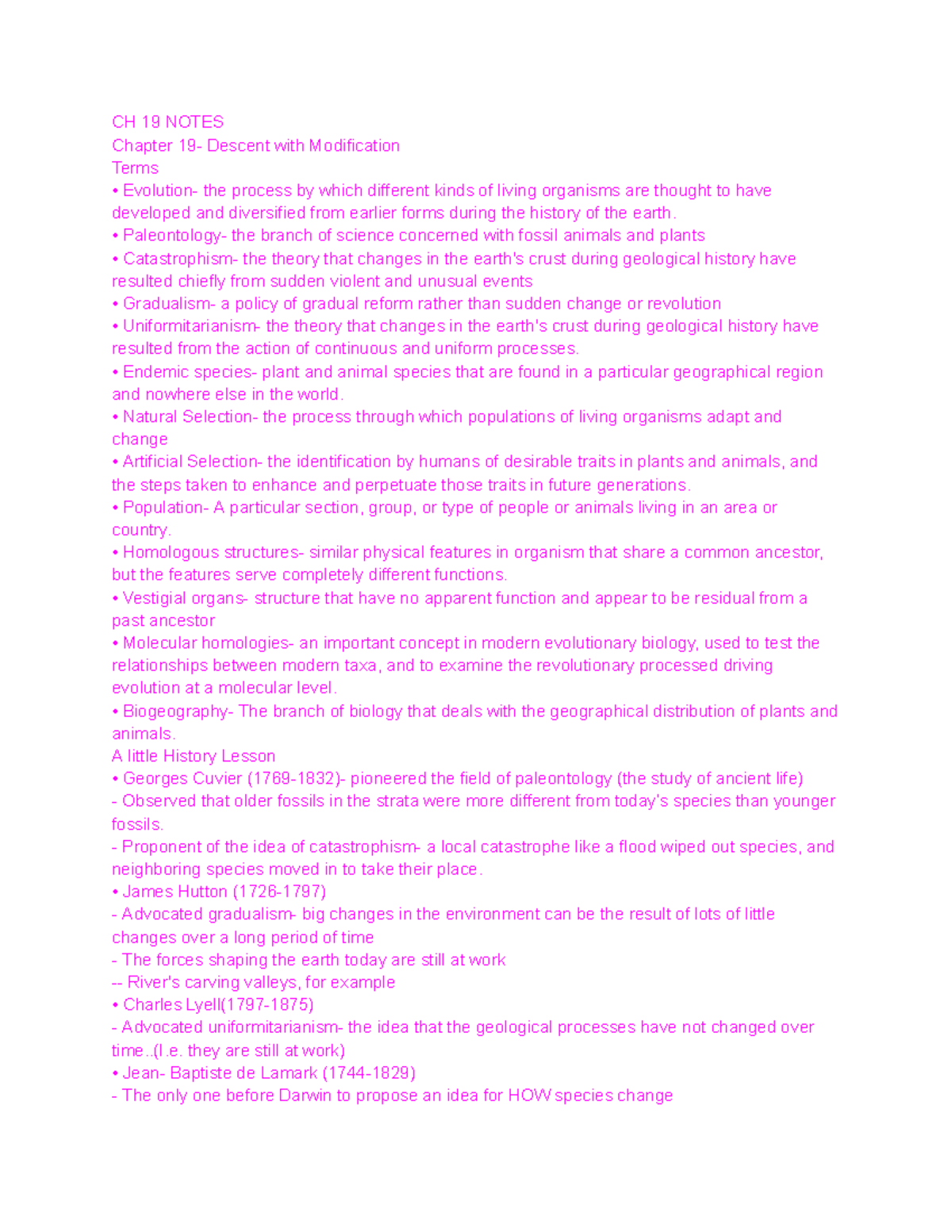 CH 19 NOTES: Descent with Modification and Evolutionary Concepts - Studocu