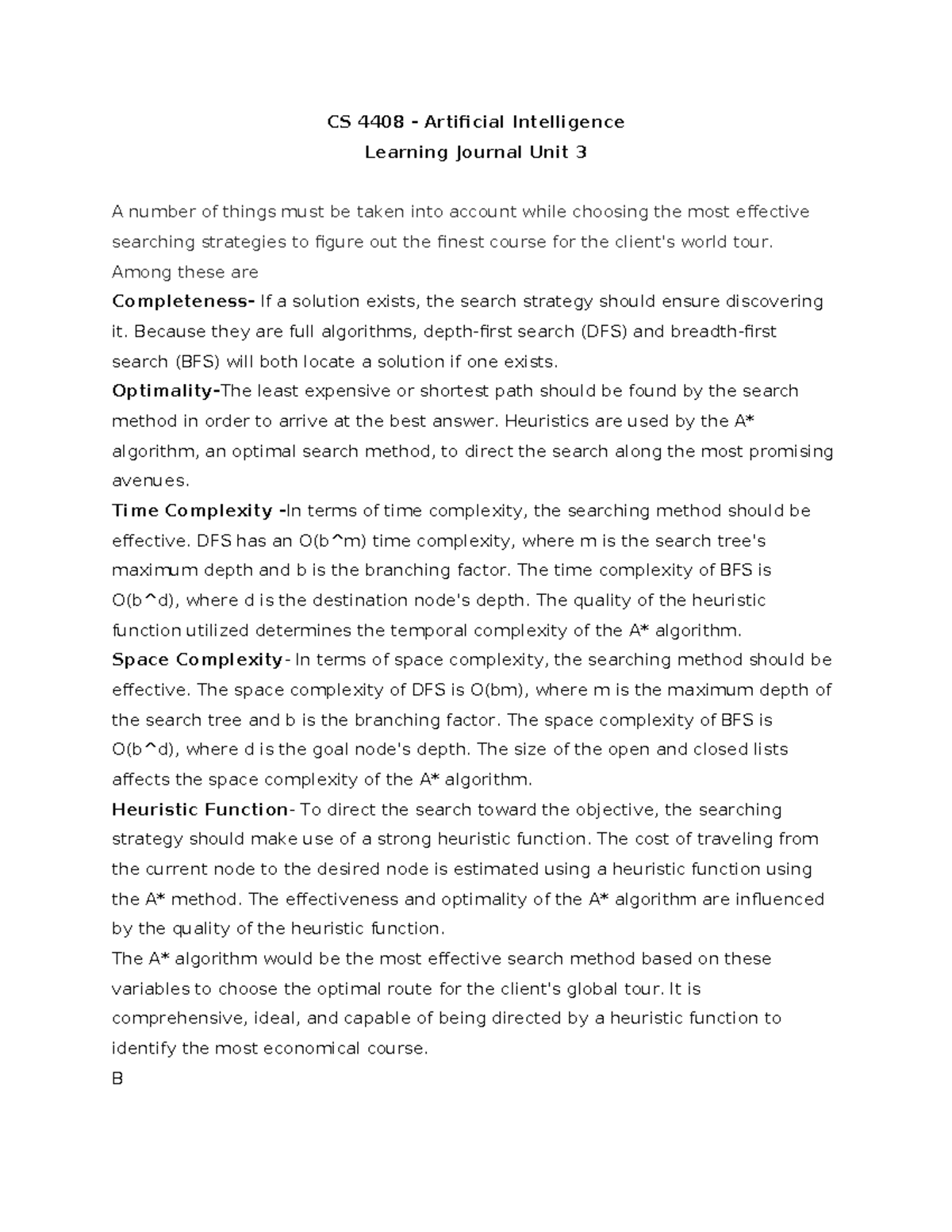 CS 4408 - AI Learning Journal: Effective Search Strategies Unit 3 - Studocu