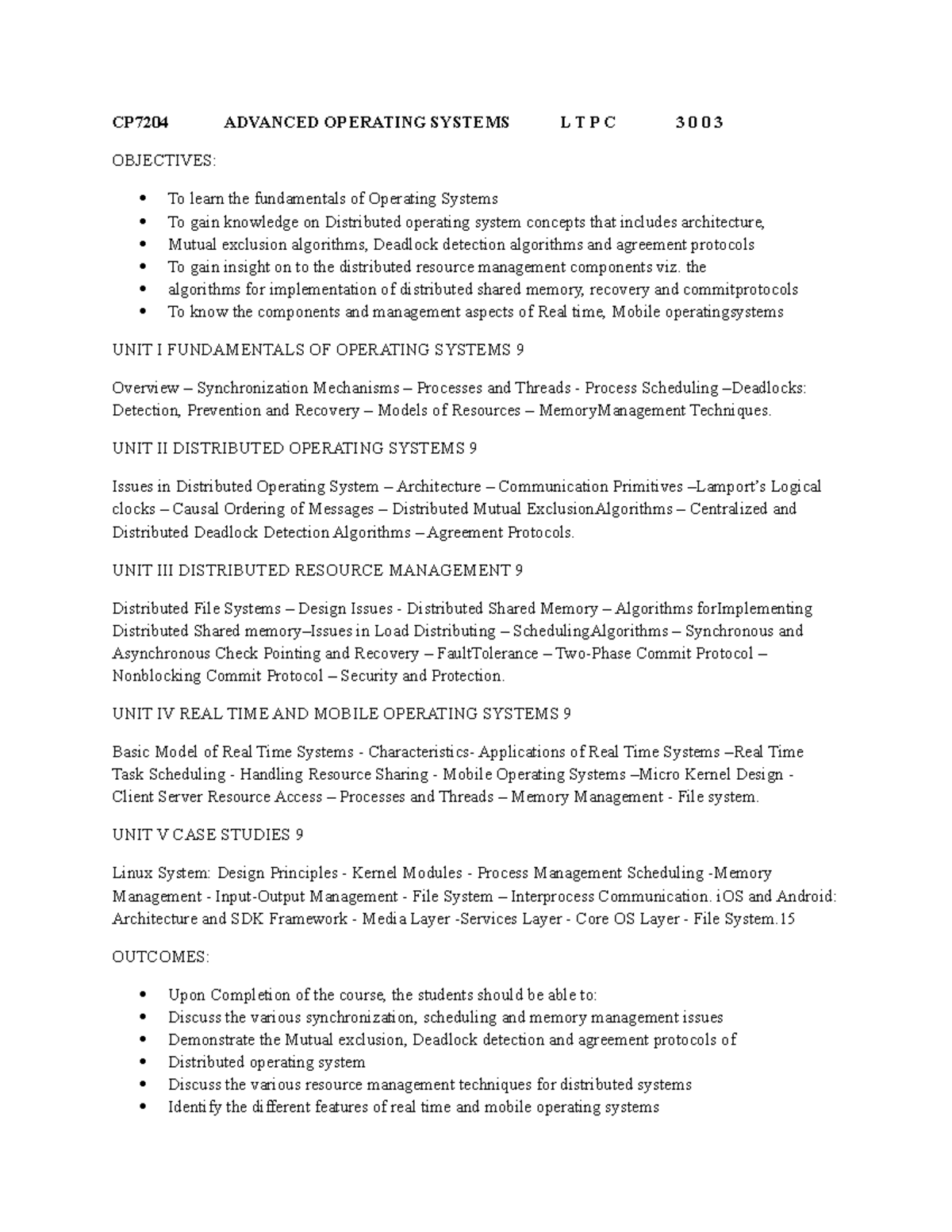 CP7204 Advanced Operating Systems L T P C 3 0 0 3 - CP7204 ADVANCED ...