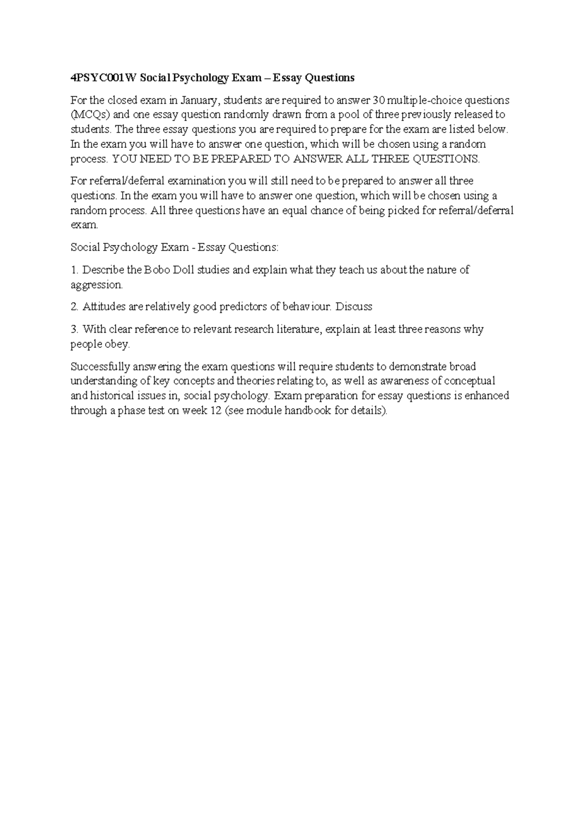 4PSYC001W Social Psychology Exam - Key Essay Questions for Prep - Studocu