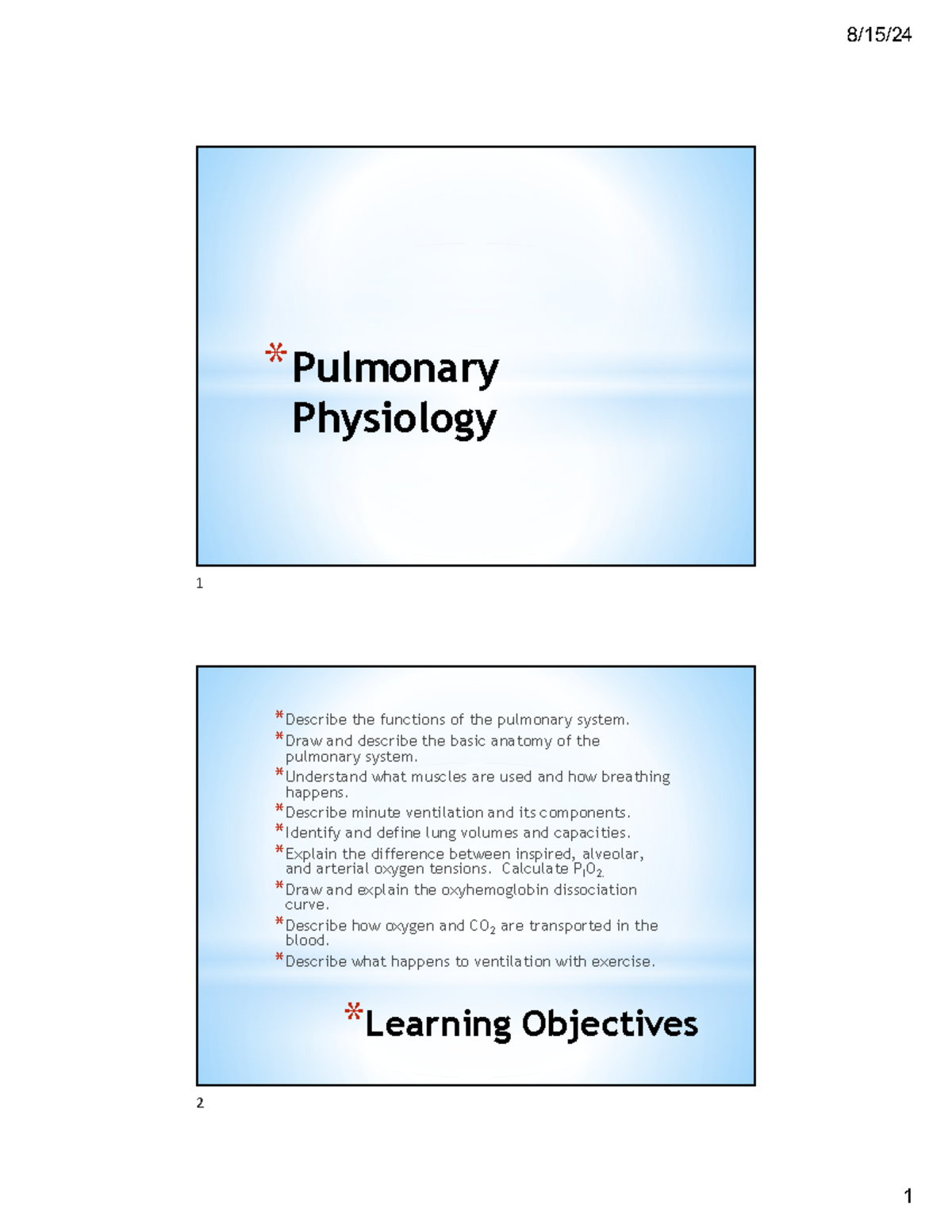 Pulmonary Physiology Overview & Learning Objectives - Studocu