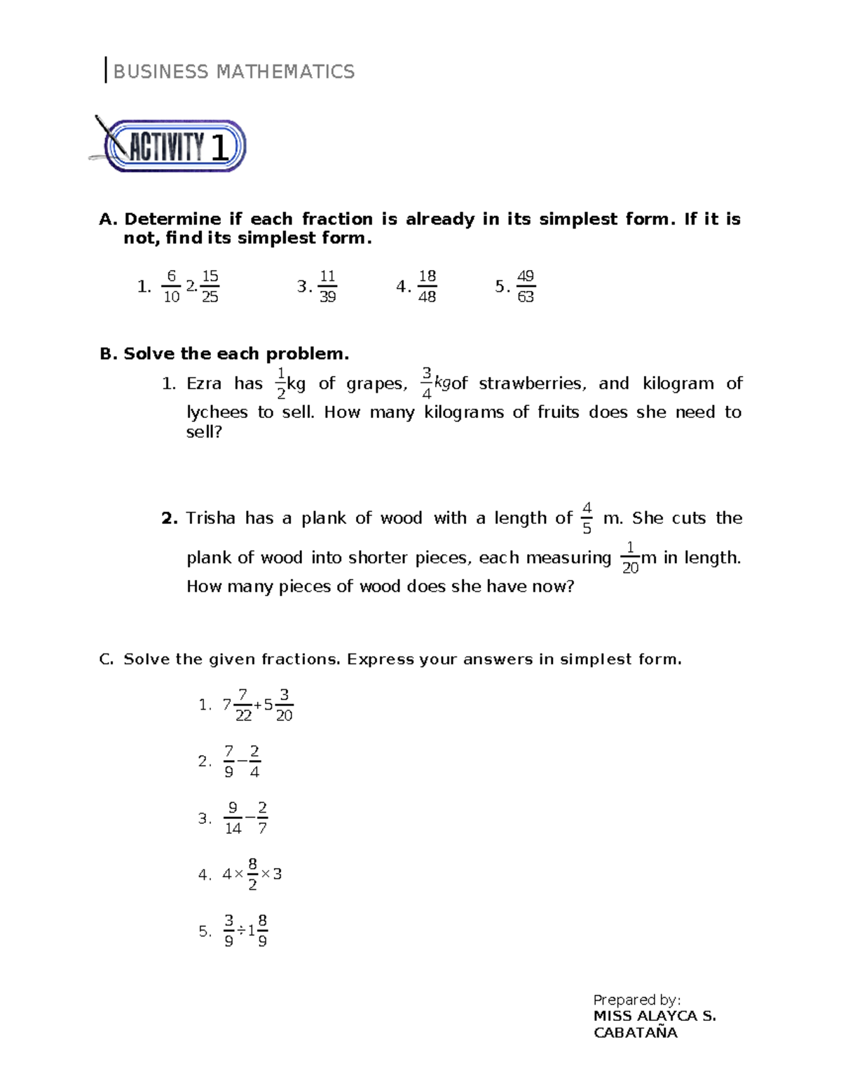BM 101 Activity 1: Simplifying Fractions & Word Problems Solutions ...