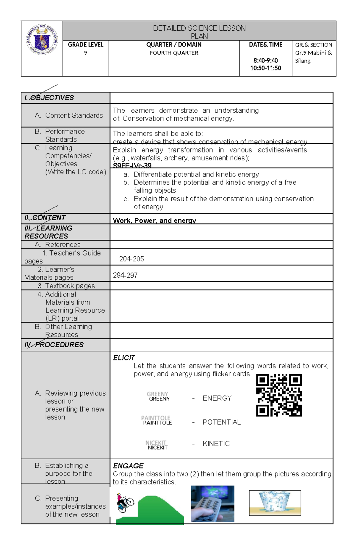 DLP Science 9 Cot - Detailed Lesson Plan on Energy Concepts - Studocu