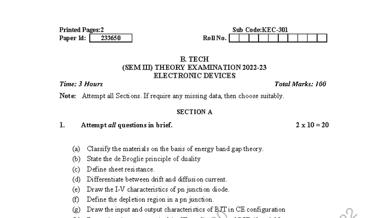 B. TECH (SEM) Theory Exam: Electronic Devices Overview & Key Concepts ...