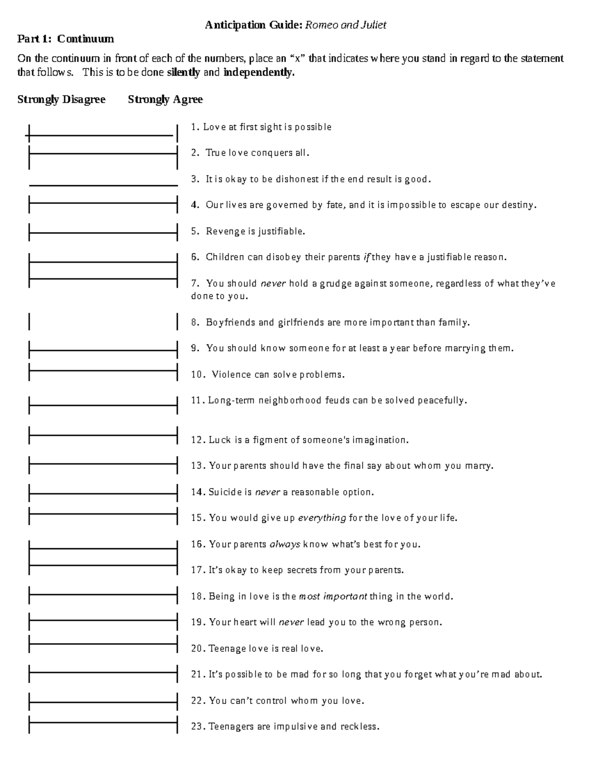 Anticipation Guide: Romeo and Juliet Part 1 - Zoo Analysis - Studocu