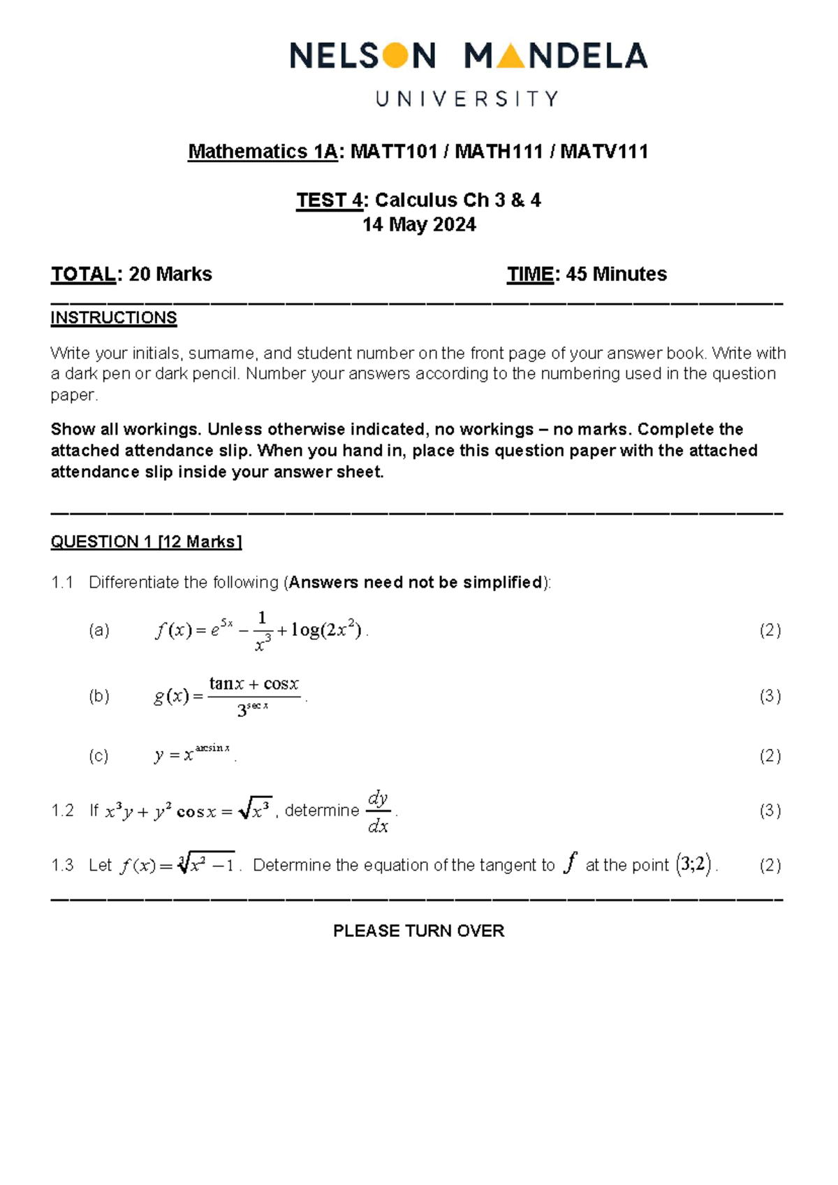 Mathematics 1A: MATT101 Test 4 - Calculus Questions & Instructions ...