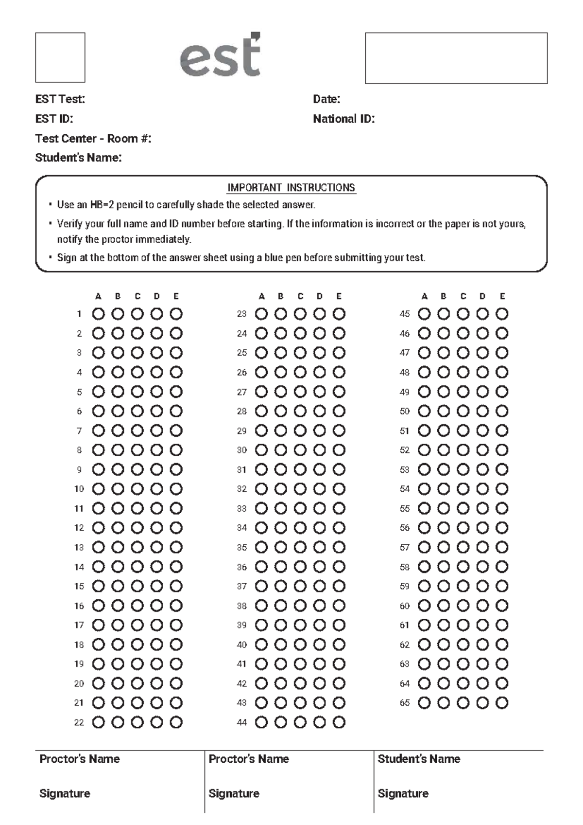 EST 2 Subjects High School - EST Test Bubble Sheet Instructions - Studocu