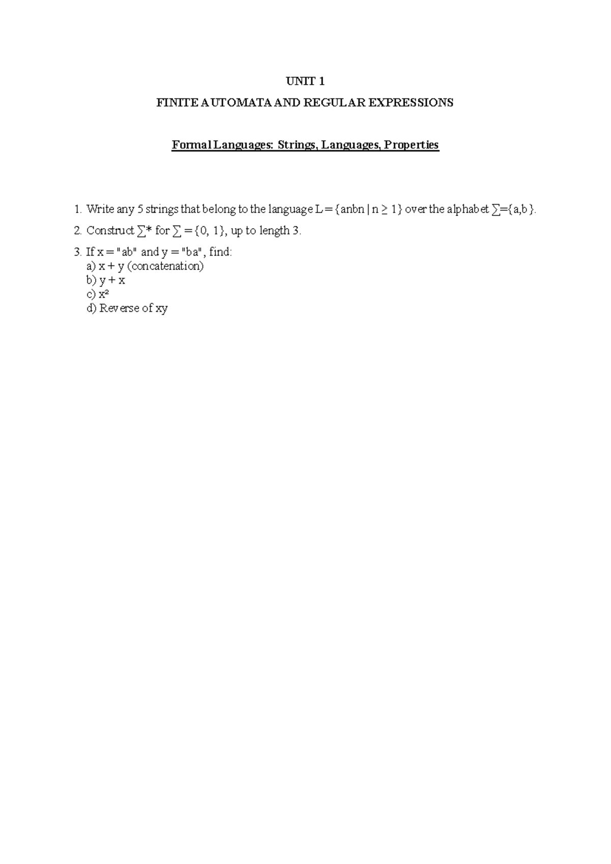 S2-1FLA - Practice qs - formal language and automata - UNIT 1 FINITE ...