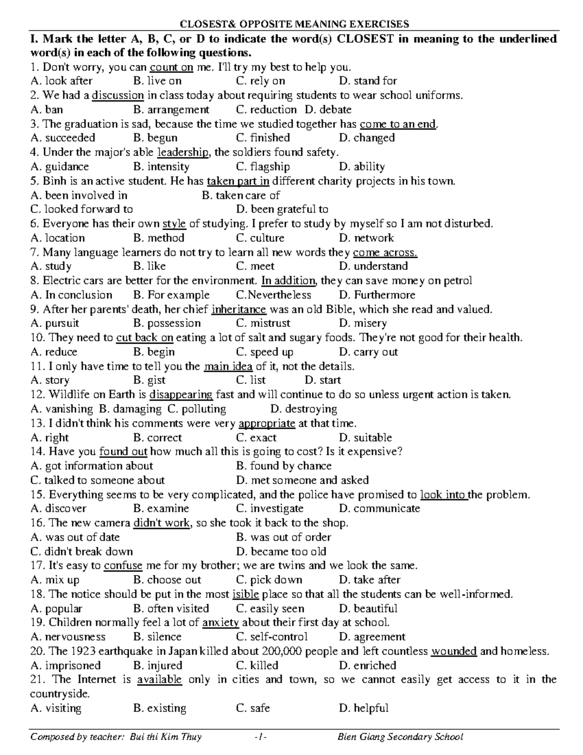 OPPOSITE MEANING EXERCISES (ENG 101) - Studocu
