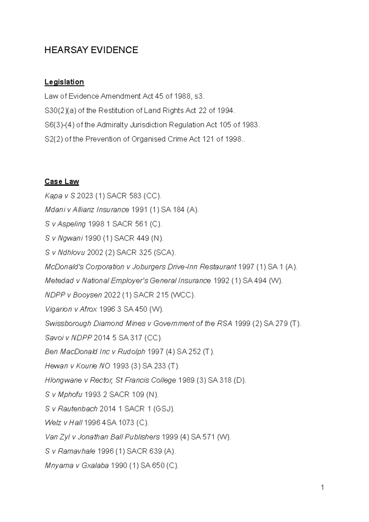 Hearsay Evidence in South African Law: An Overview and Analysis - Studocu