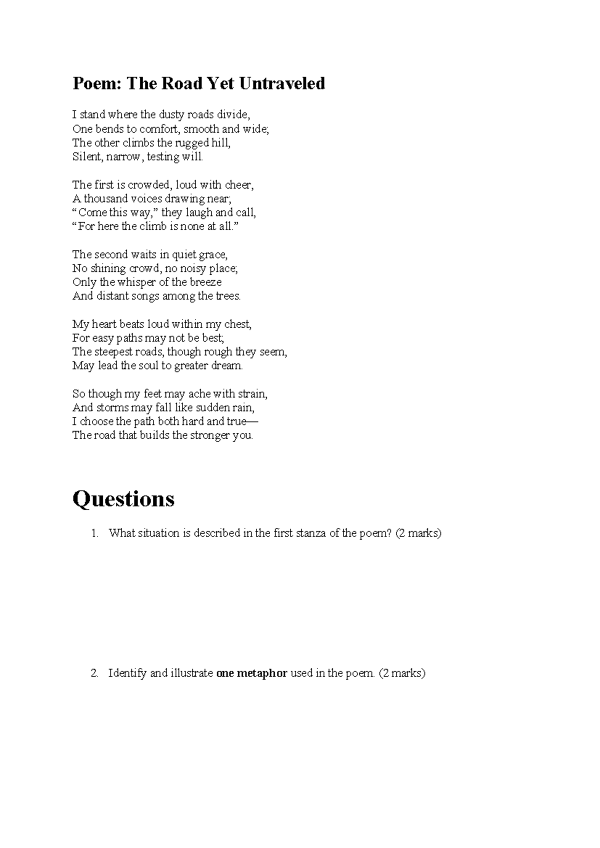 Poem Analysis: The Road Yet Untraveled - Summary & Questions - Studocu