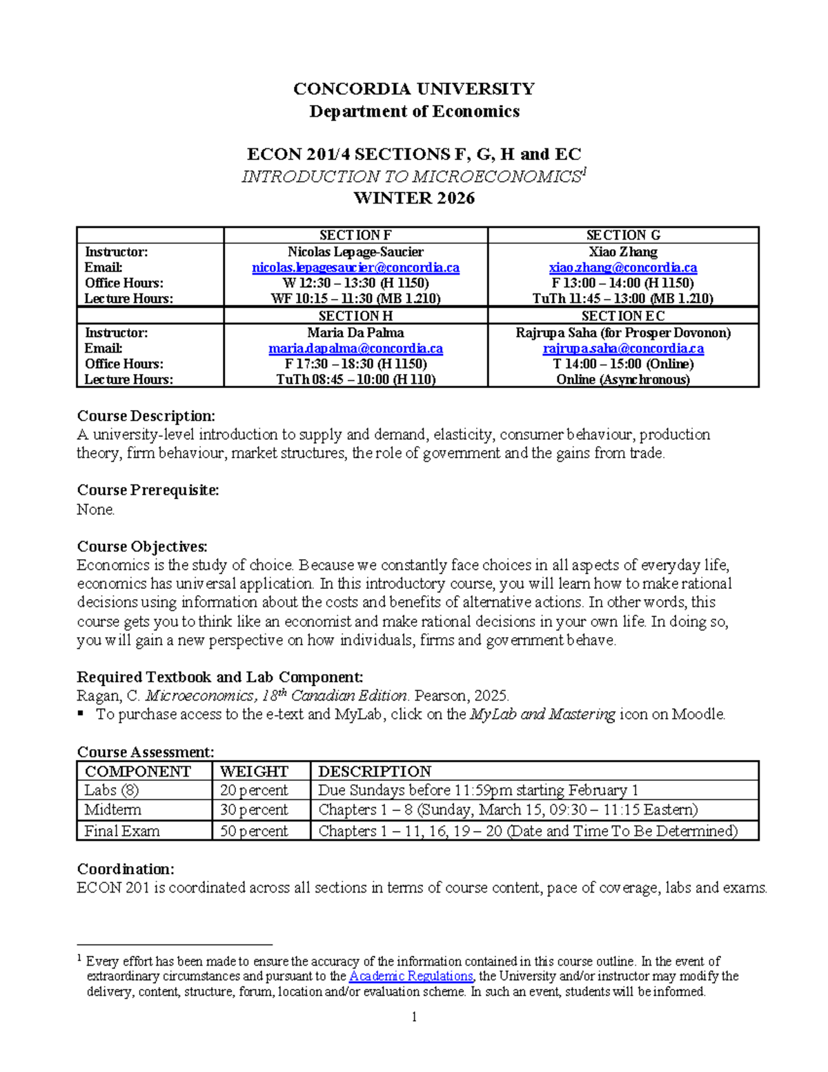 ECON 201 Course Outline: Introduction to Microeconomics (Winter 2026 ...