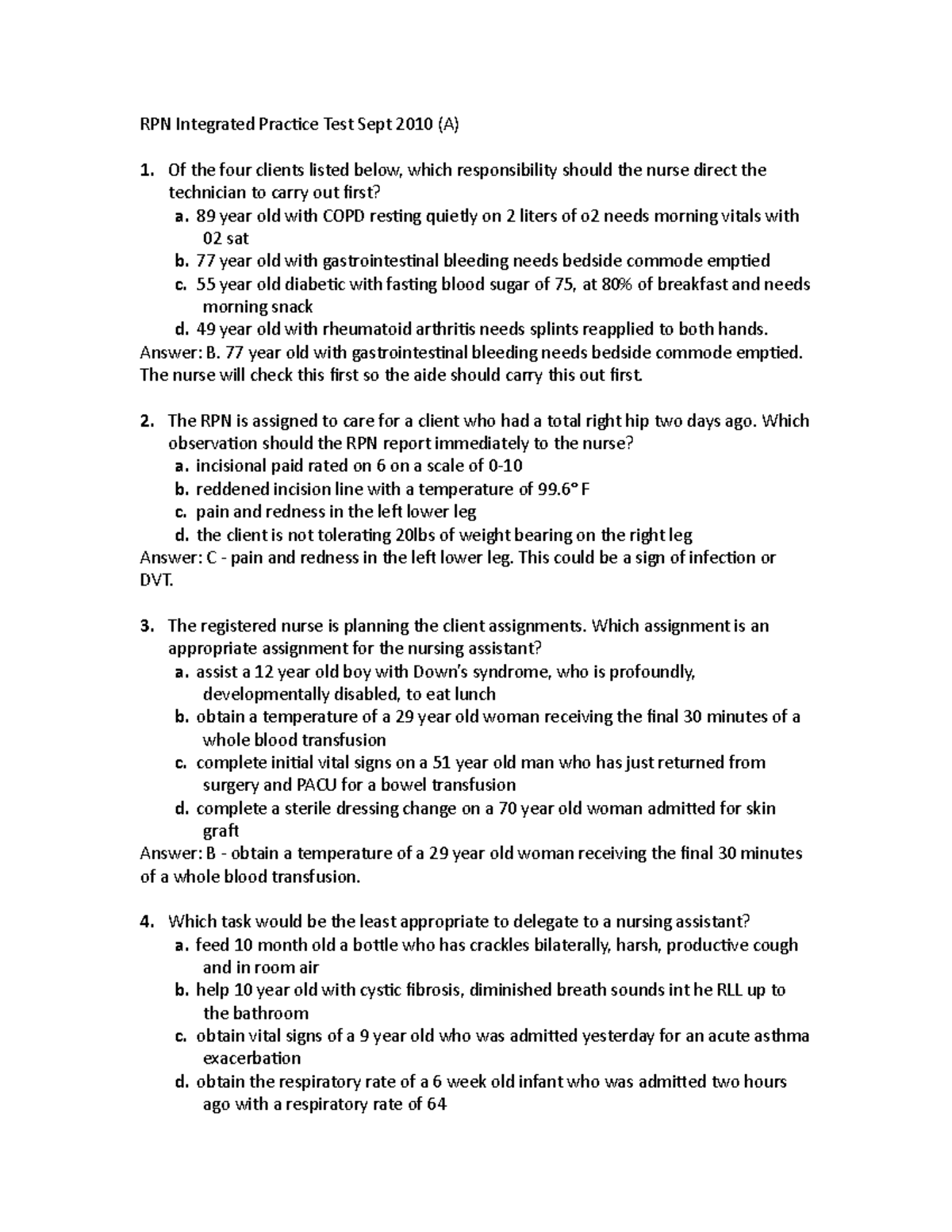 RPN 202 - Practice Questions & Integrated Test Review for RPN - Studocu