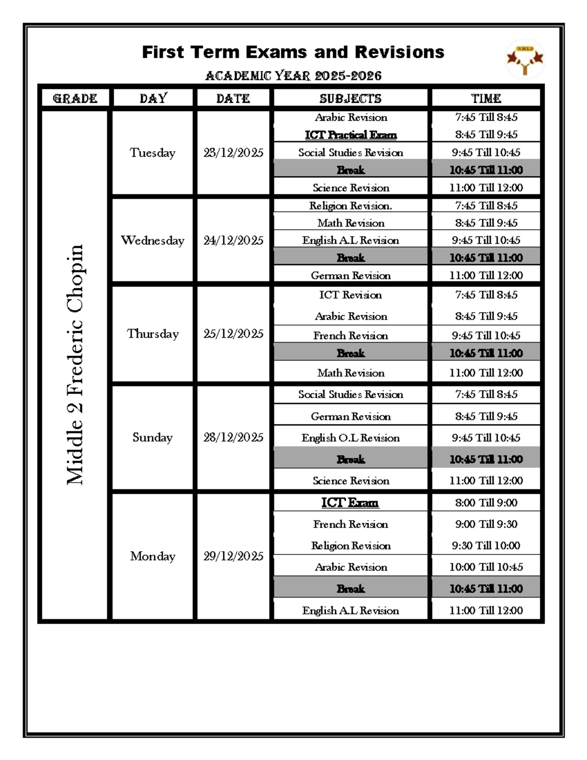 First Term Exam Schedule & Revision Plan - Grade 2 - Studocu