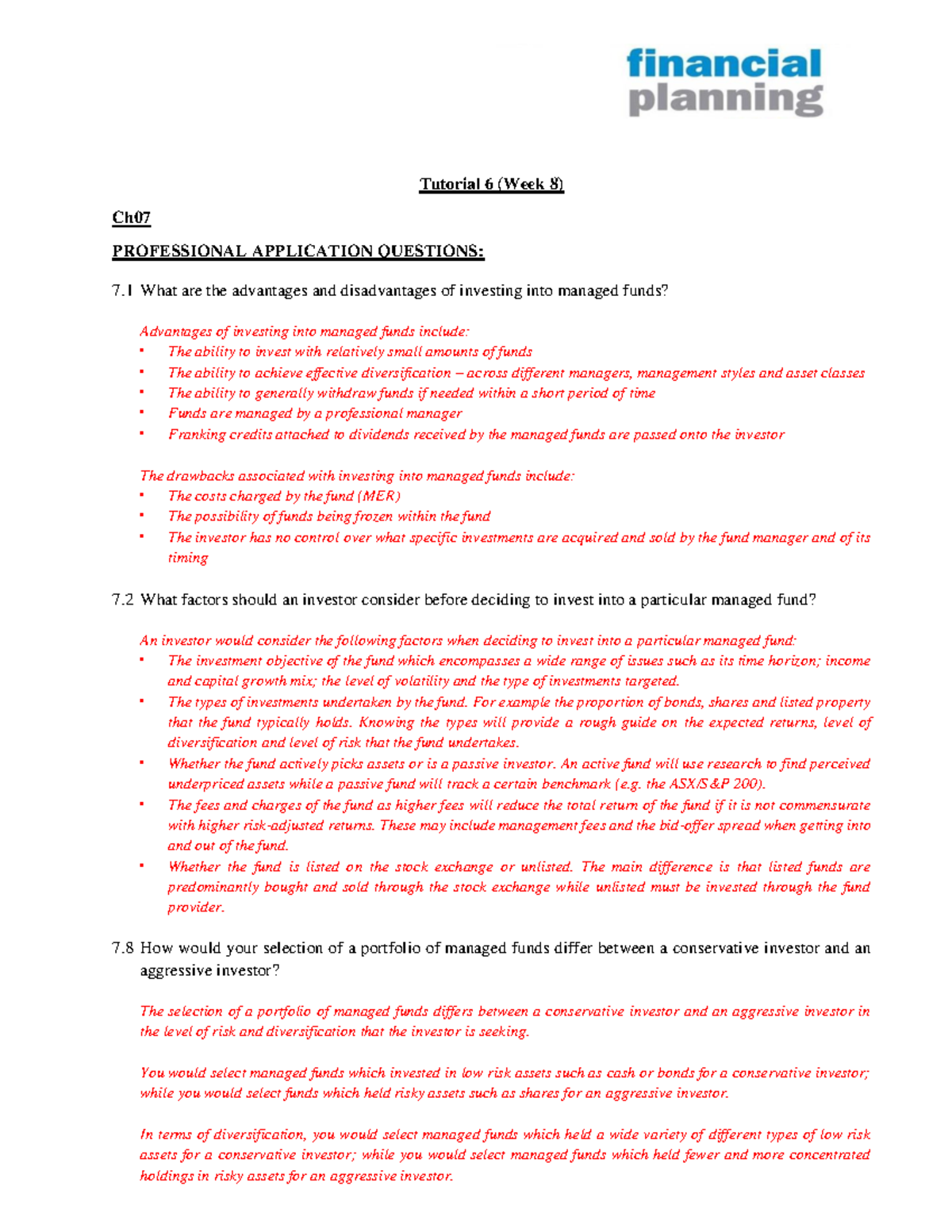 Tutorial 6 Solutions: Managed Funds Advantages & Considerations - Studocu