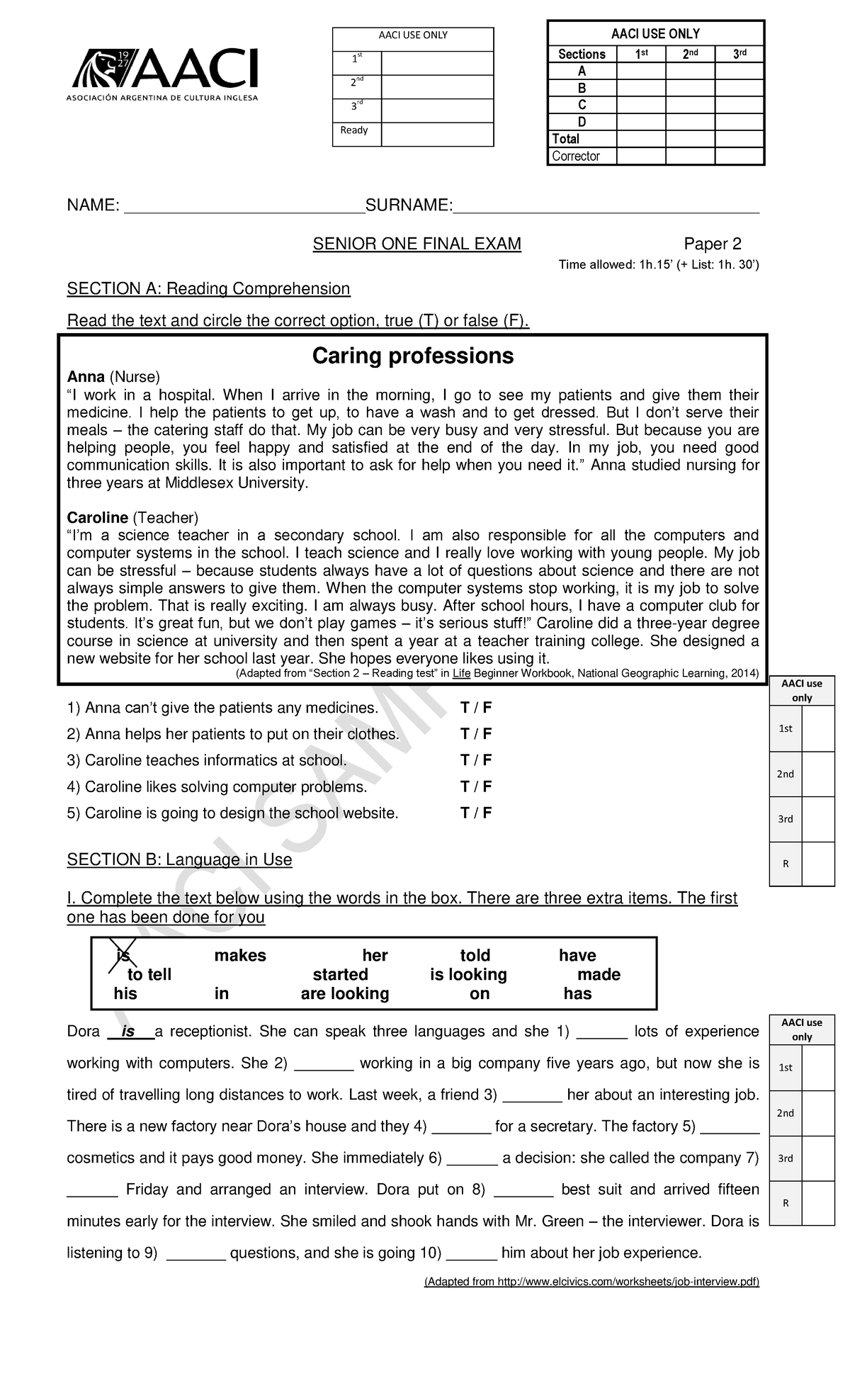 Senior 1 Final Exam Paper 2 - Reading & Writing Comprehension - Studocu