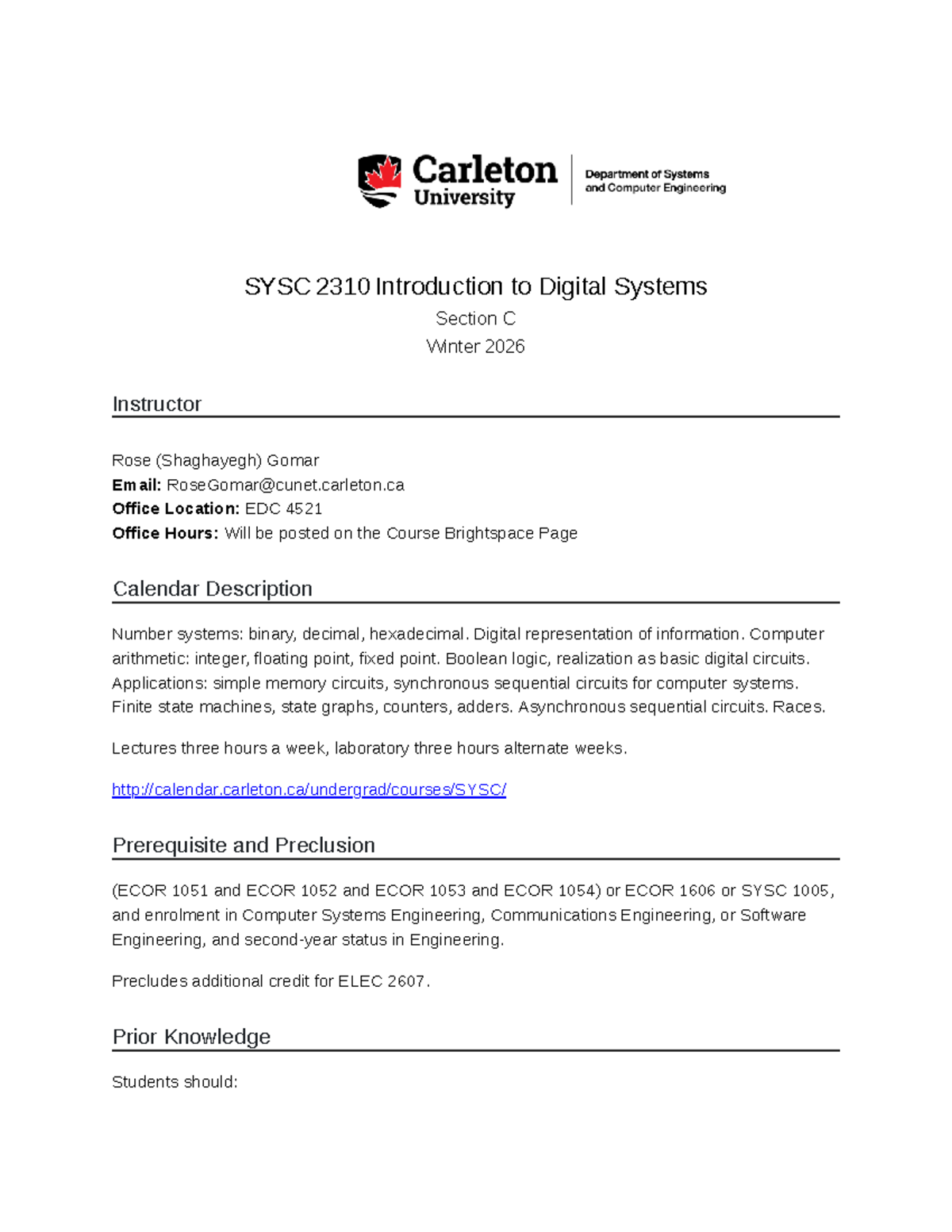 SYSC 2310 Winter 2026: Intro to Digital Systems Course Overview - Studocu