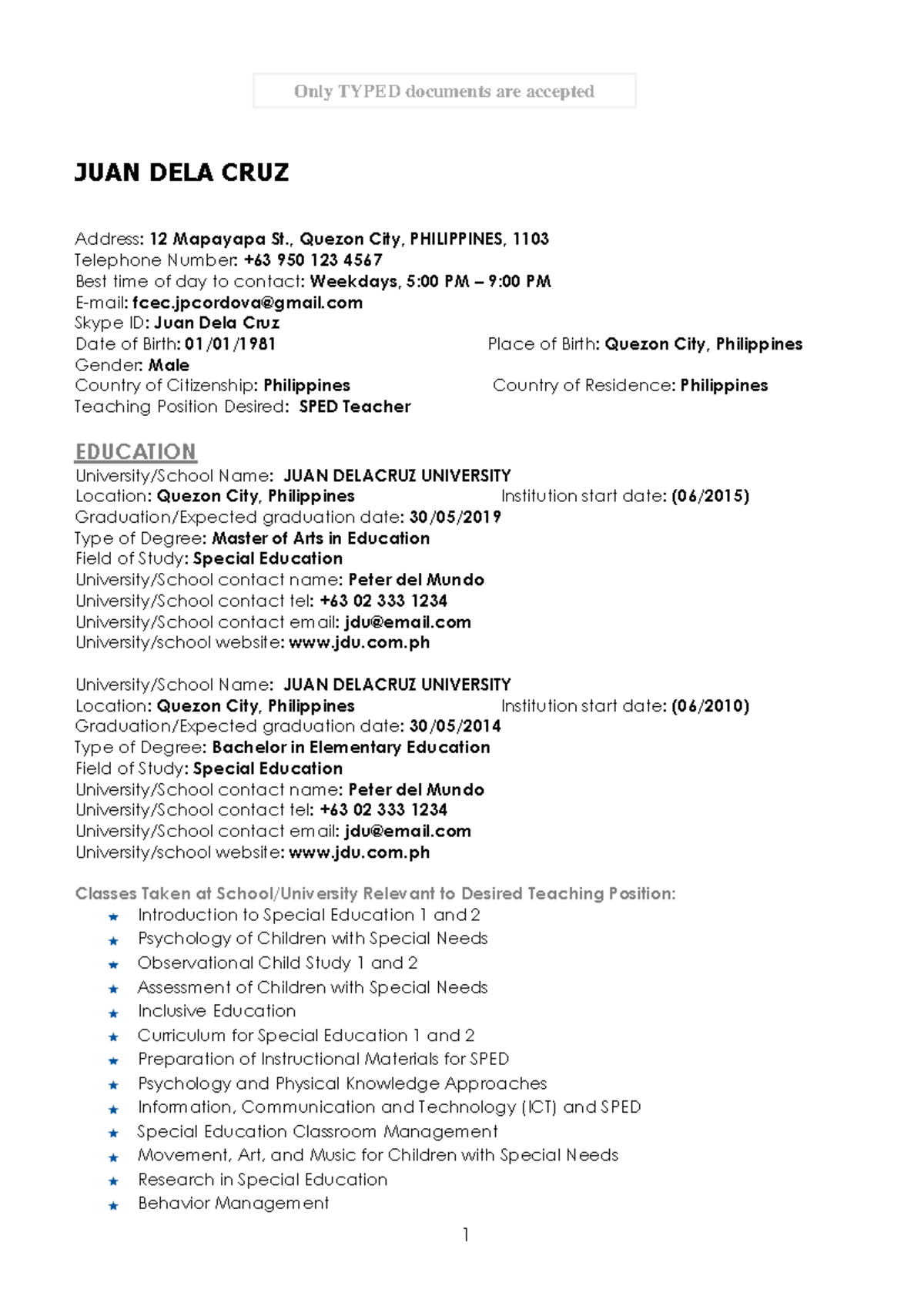 FCEC Resume Example for SPED Teacher Position by Juan Dela Cruz - Studocu