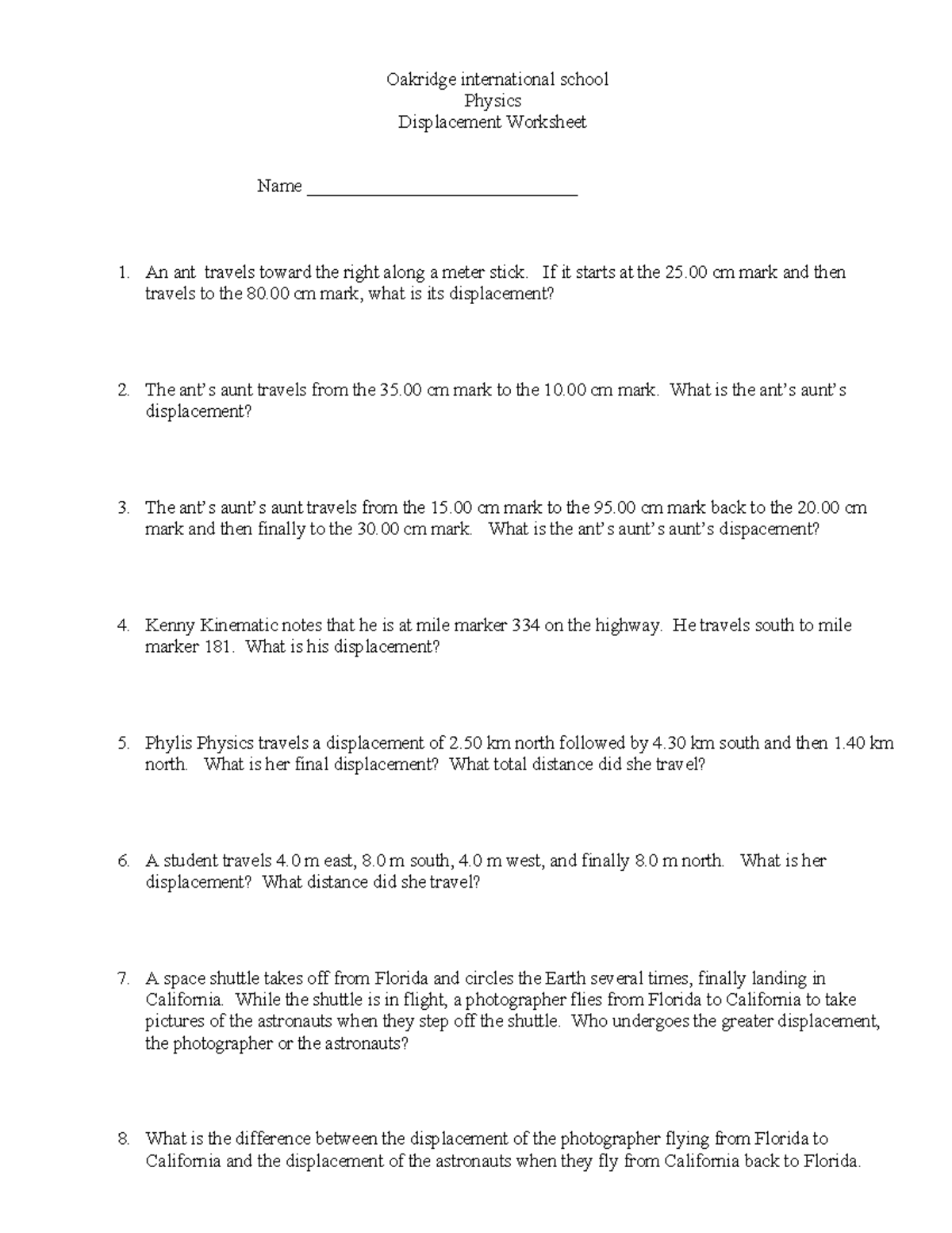 Physics Displacement Worksheet - Oakridge International School - Studocu