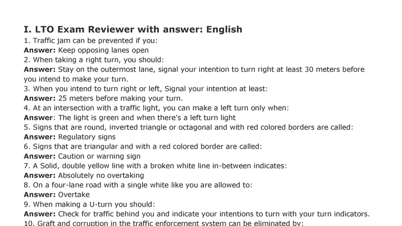 LTO Exam Reviewer: Essential Traffic Rules & Regulations - Studocu