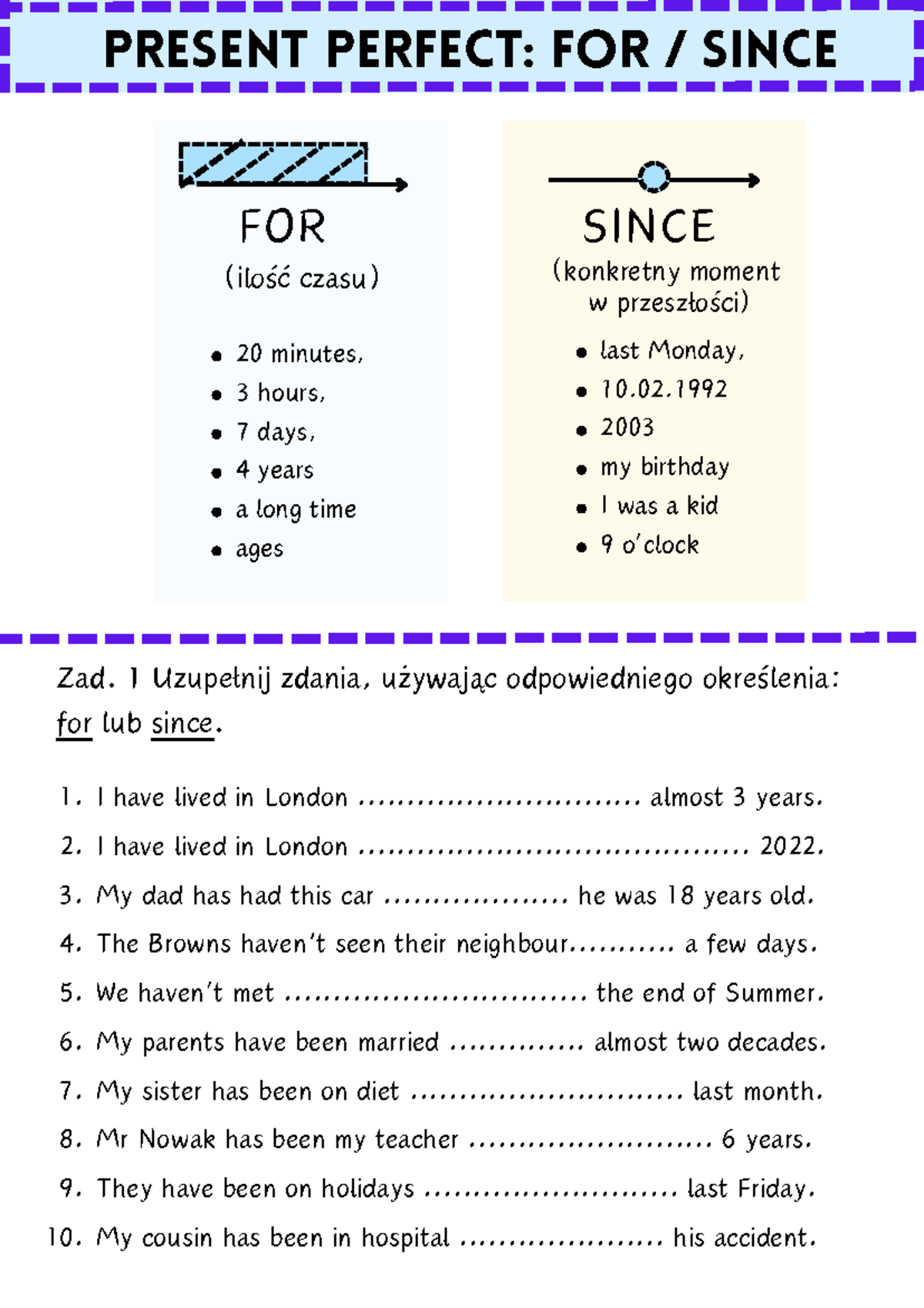 Present Perfect Exercises: For / Since (Practice) - Studocu