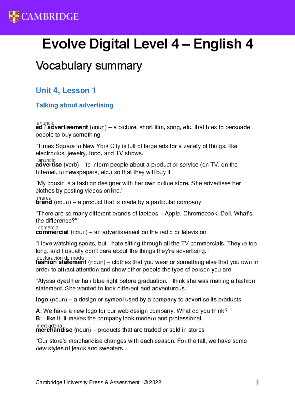 Unit 4 - E4 - Vocabulary Summary: Advertising & Media Terms - Studocu