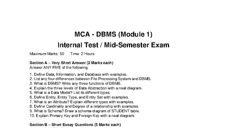 MCA DBMS (Module 1) Internal Test Question Paper - Max Marks: 50 - Studocu