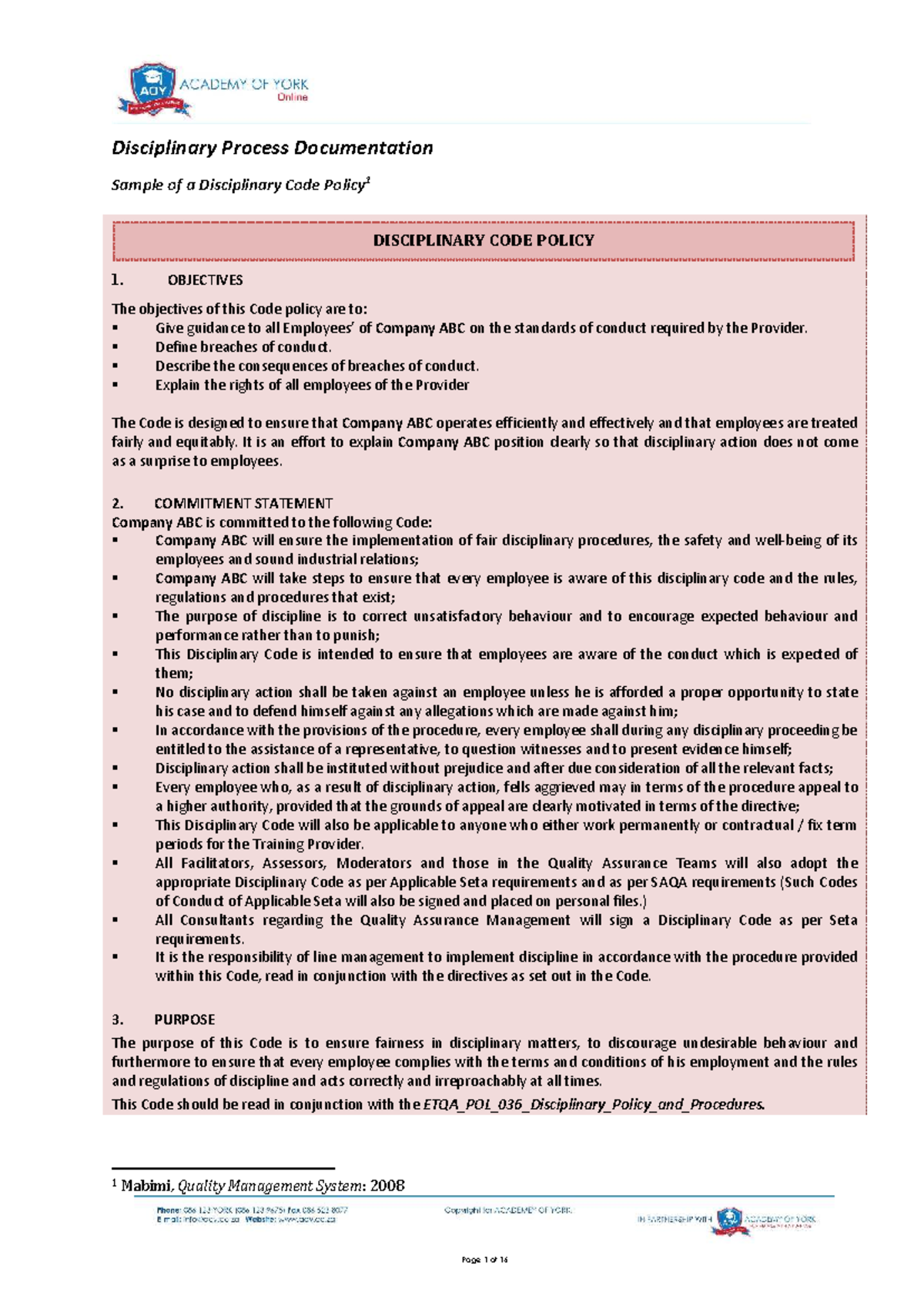 Disciplinary Code Policy Overview for Company ABC (HRM 101) - Studocu