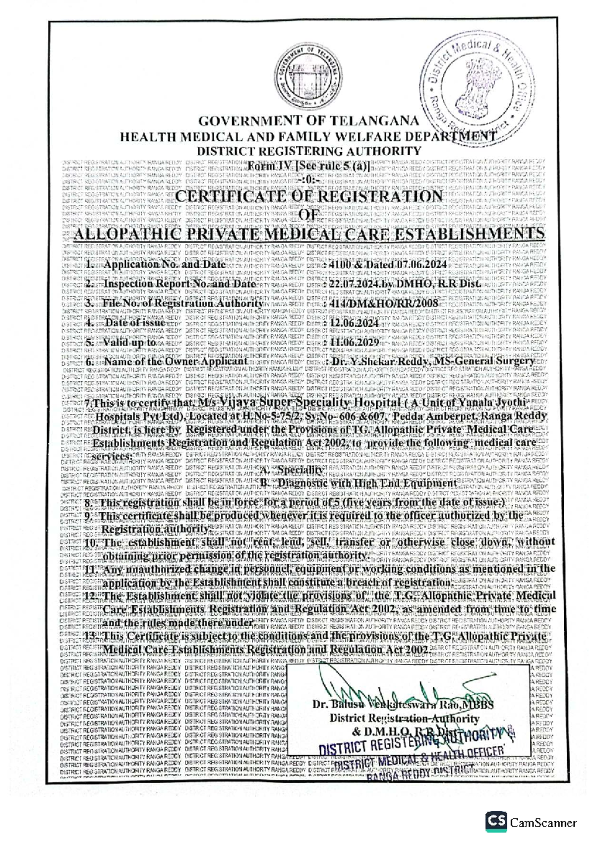 DM & HO Registration Certificate for Vijaya Super Speciality Hospital ...