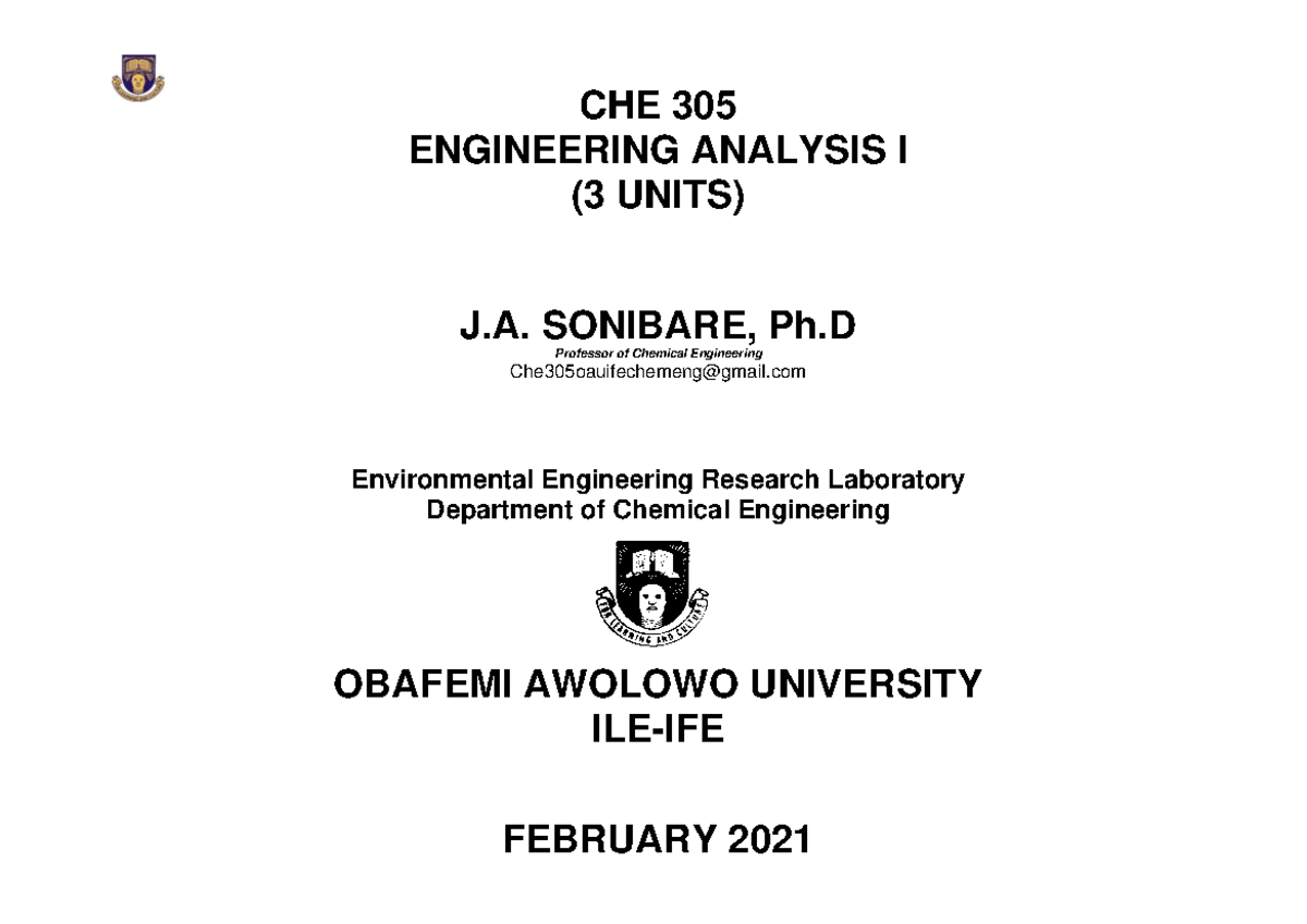 CHE 305 Engineering Analysis I: Matrices & Complex Variables Notes ...