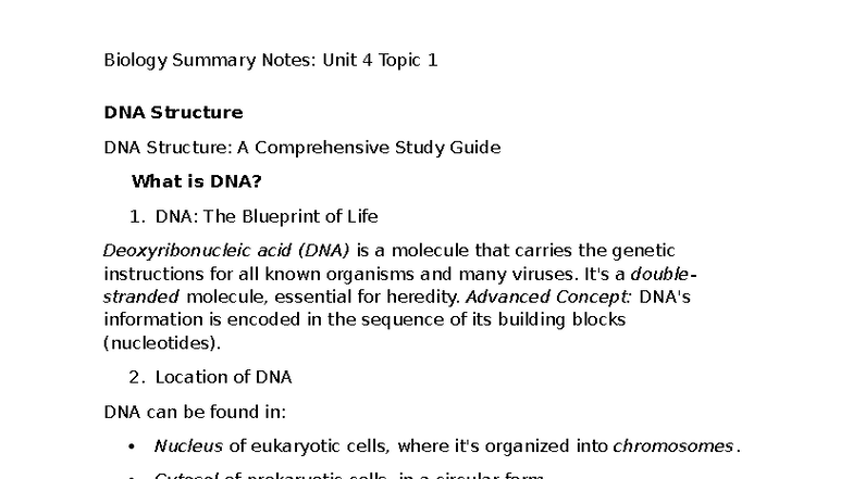 Biology Summary Notes: Unit 4 - DNA Structure & Meiosis Overview - Studocu