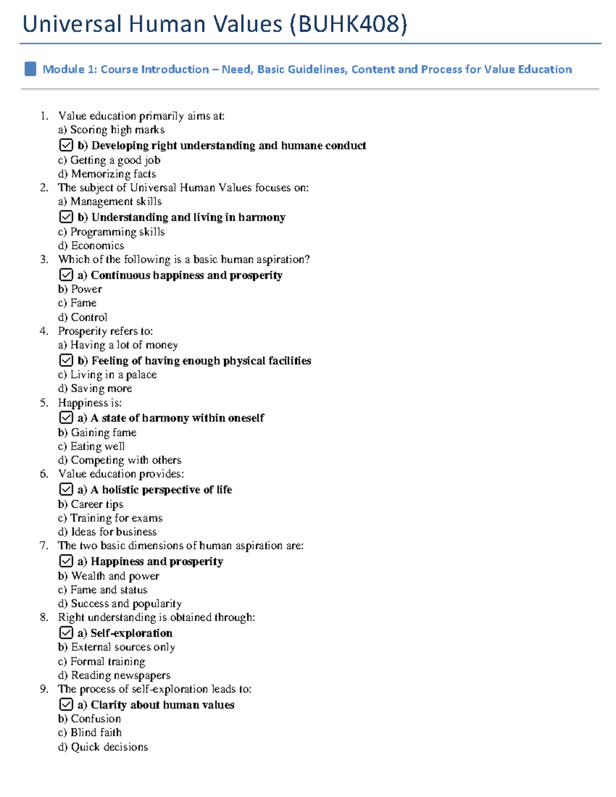 Universal Human Values (BUHK408) MCQs: Modules 1-5 Overview - Studocu