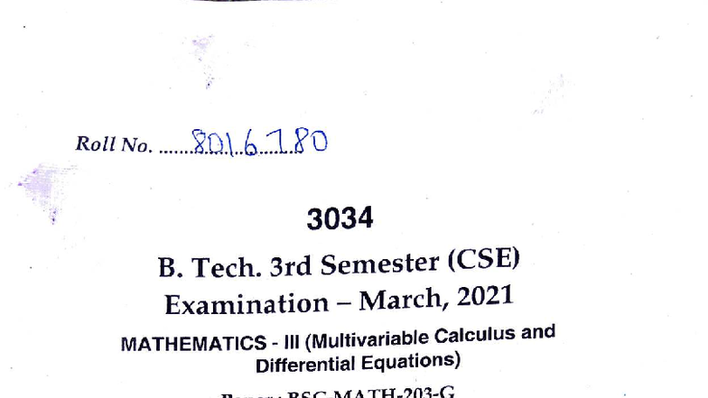 Maths-III MDU 2021 Question Paper: Multivariable Calculus & DEs - Studocu