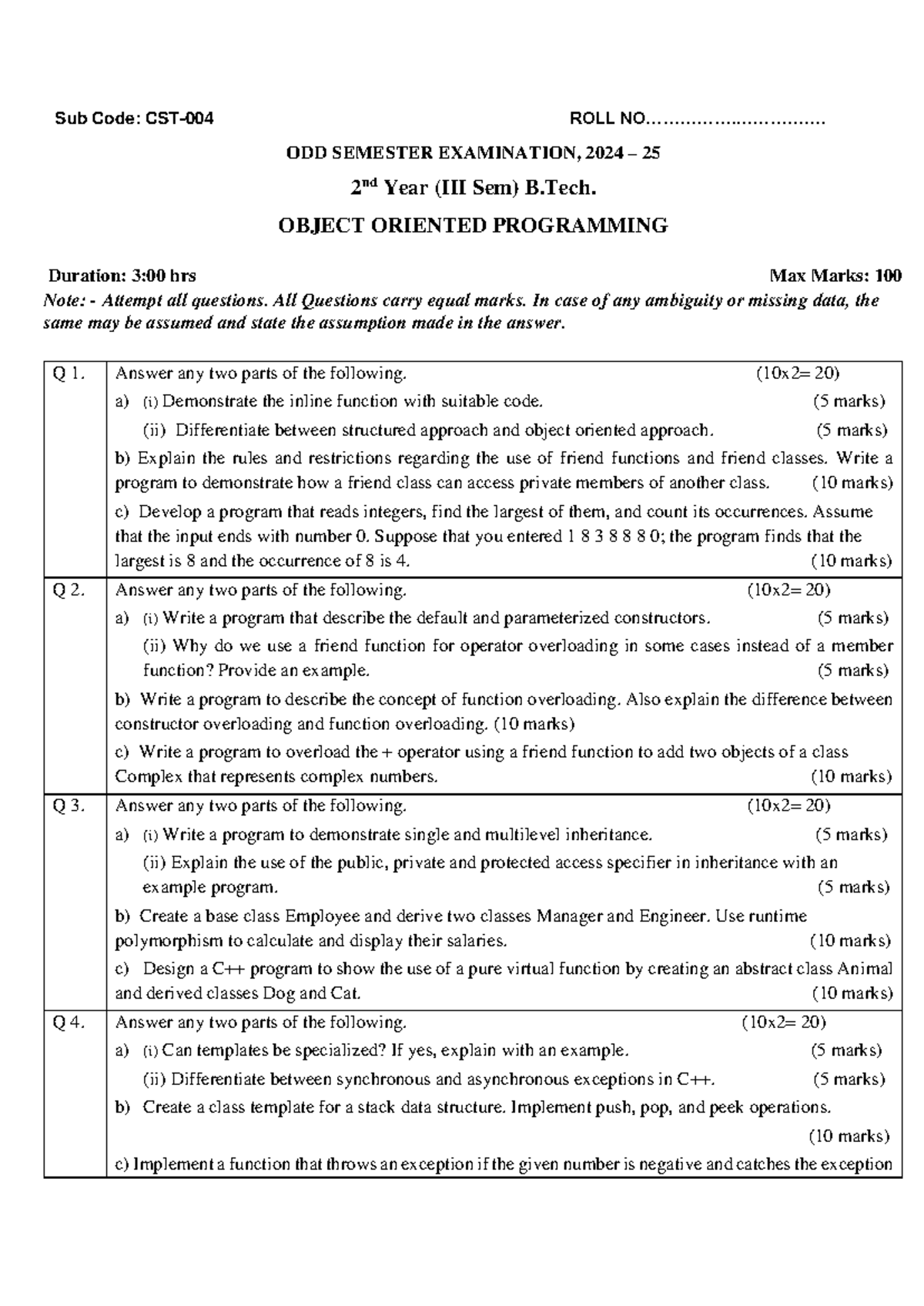 B.Tech 2nd Year OOP Final Exam Paper - ODD SEM 2024-25 - Studocu