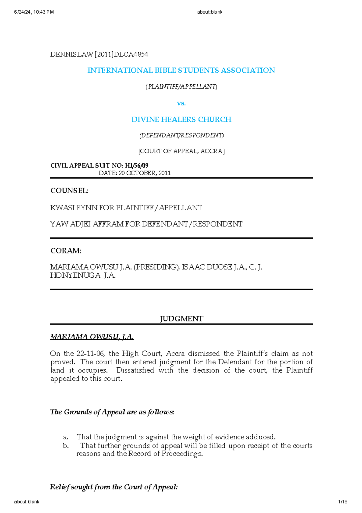 IBS V Divine Healers Church: Judgment & Appeal Analysis (DLCA) - Studocu