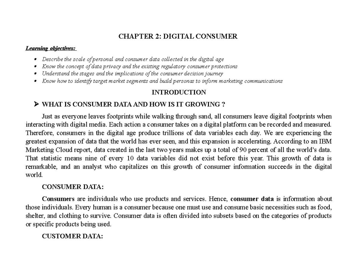 Lecture note - DMA - Chapter 2 - CHAPTER 2: DIGITAL CONSUMER Learning objectives: Describe the ...