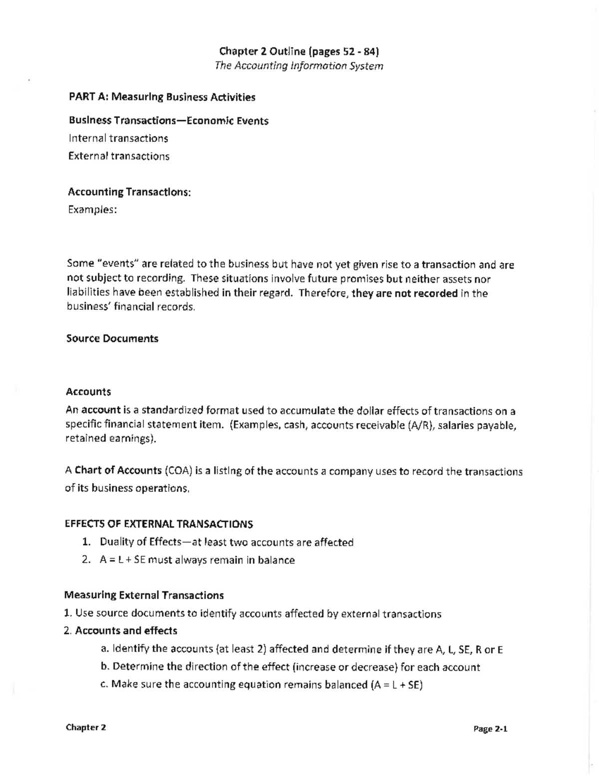 Chapter 2 Notes Completed - Accounting - Chapter 2 Outline (pages 52 84 ...