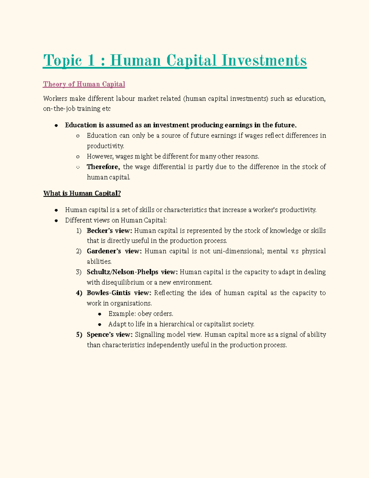EC318 Labour Econs - Topic 1 and Topic 2 - Topic 1 : Human Capital ...