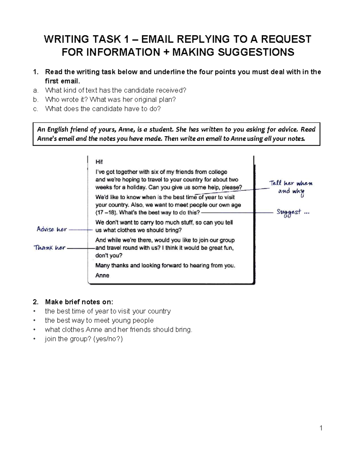 Writing Task 1: Email Replying to a Request for Info & Suggestions ...