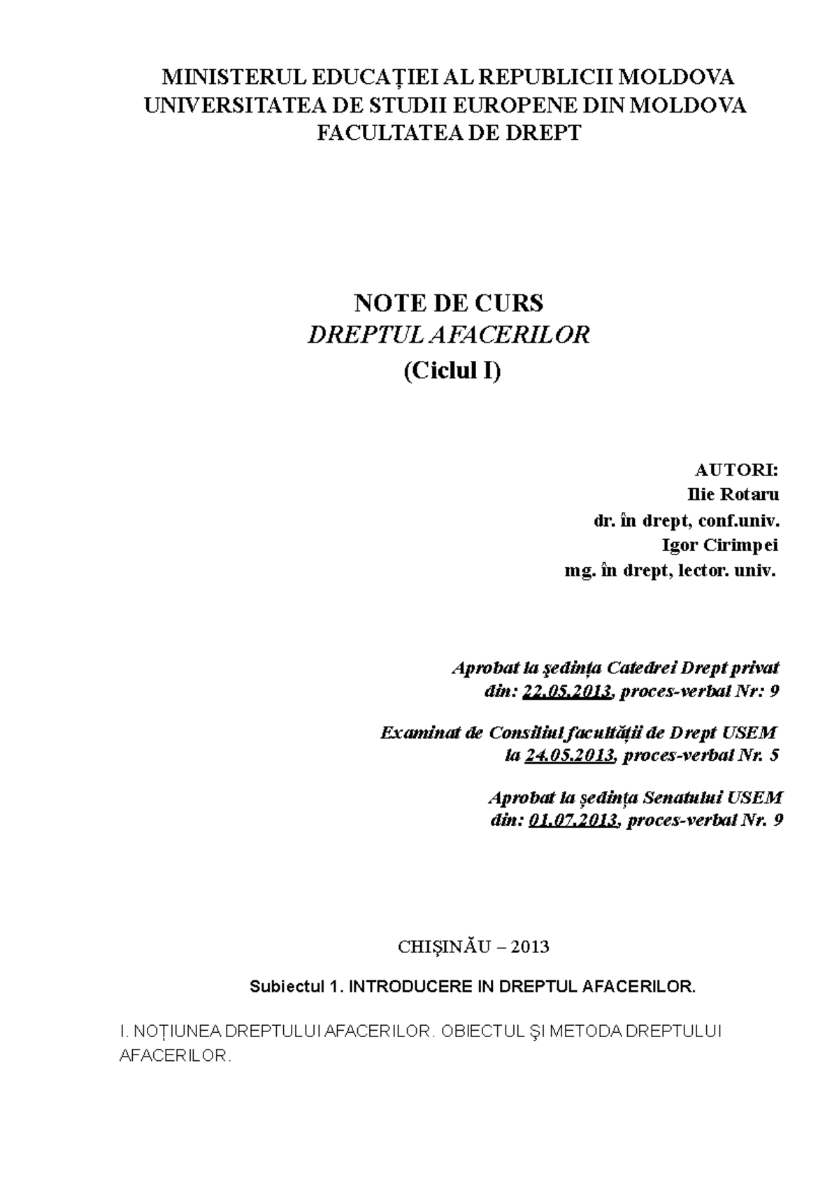 Dreptul Afacerilor (Ciclul I) - Note de Curs USEM - Studocu